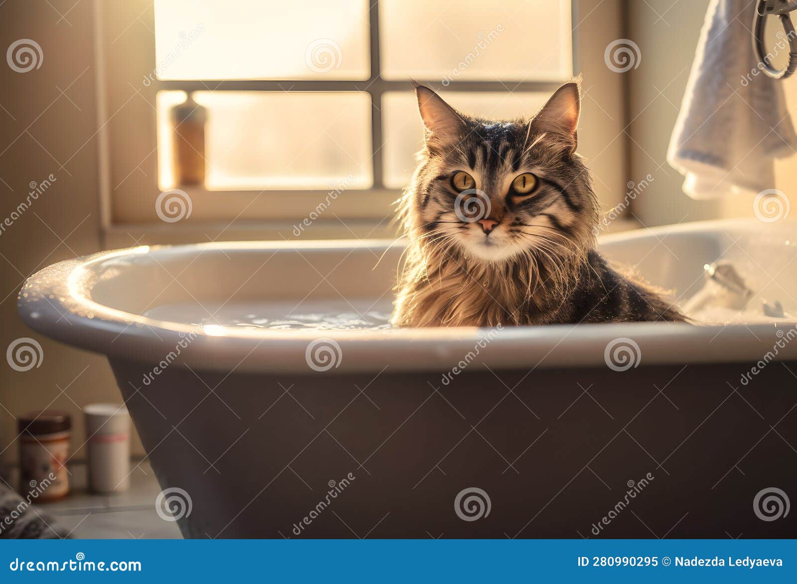 Grumpy Disheveled Cat is Sitting in the Bathroom Bathing. Stock ...