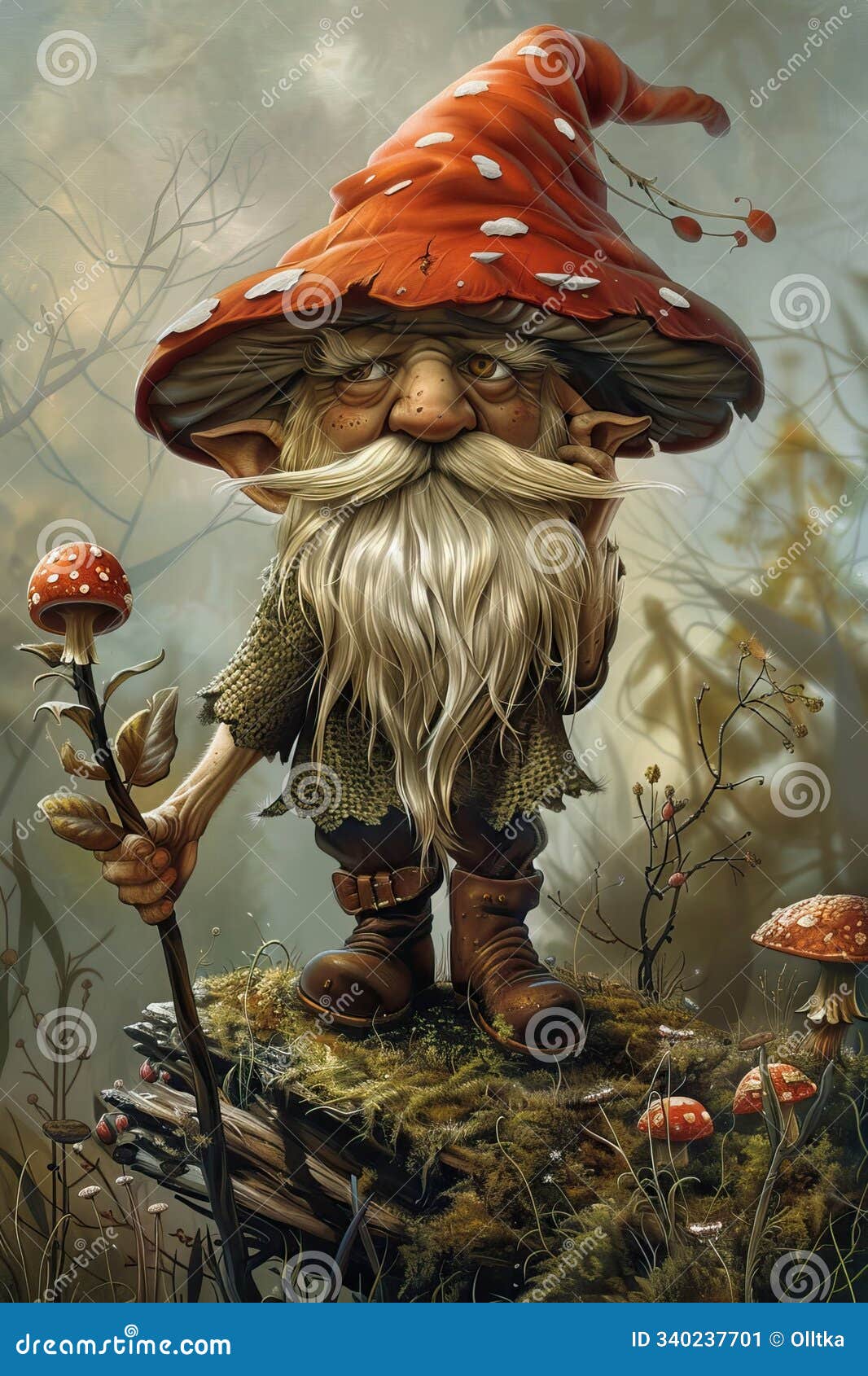 Grumpy Gnome with a Mushroom Hat and Staff, Standing in a Magical ...