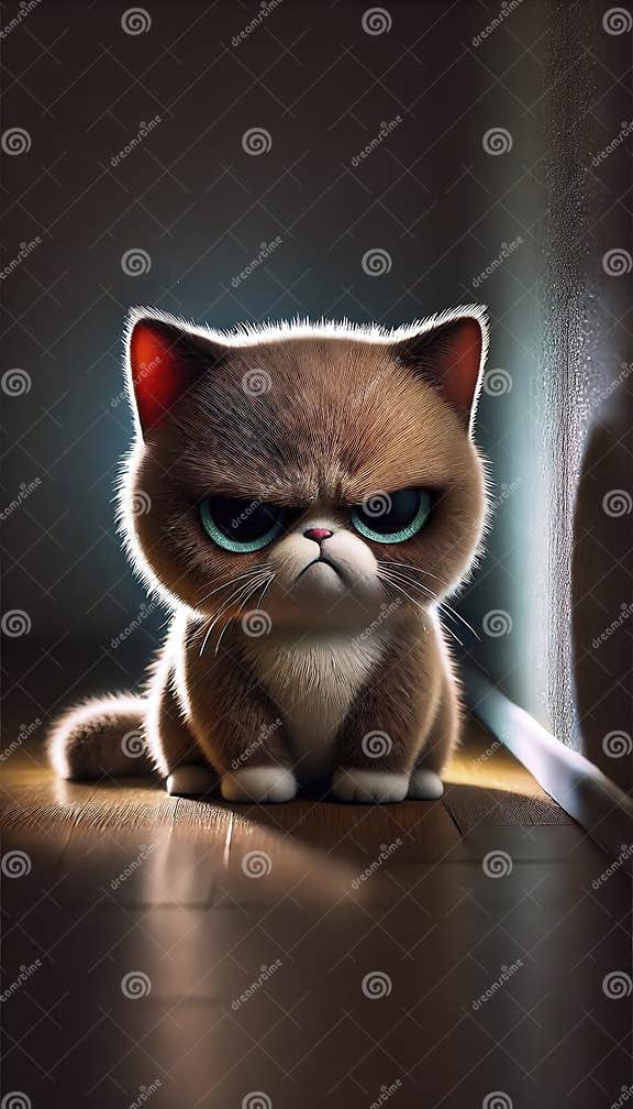 Grumpy Kitty Stands Defiantly Against a Wall in a Playful Pose Stock ...