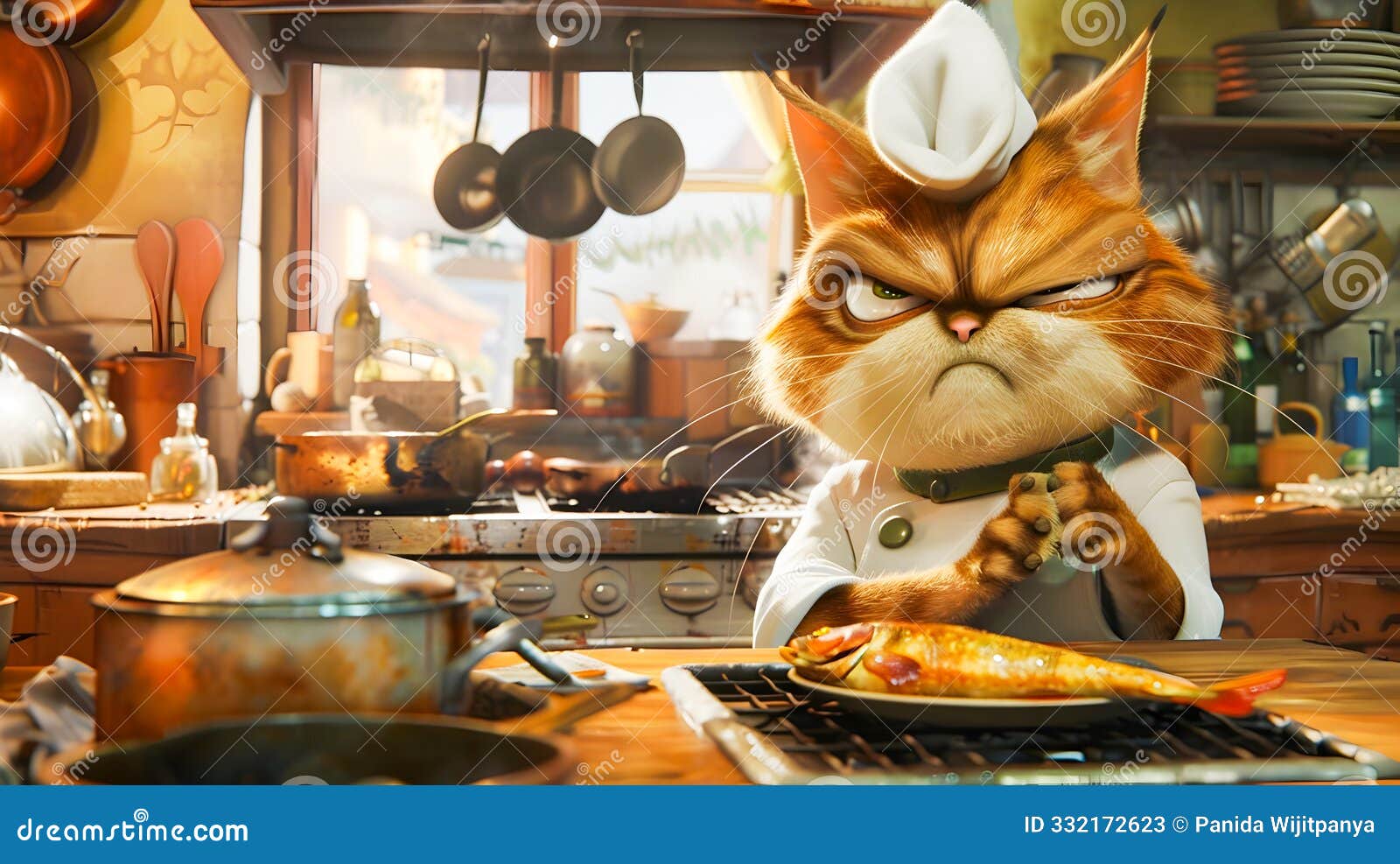 A Grumpy Looking Animated Tabby Cat Chef is Intently Focused on ...