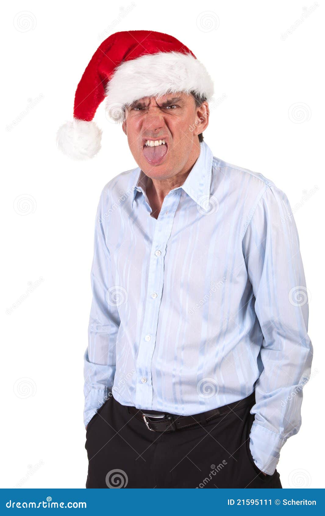Grumpy Man in Santa Hat Poking Tongue Out Stock Image - Image of ...