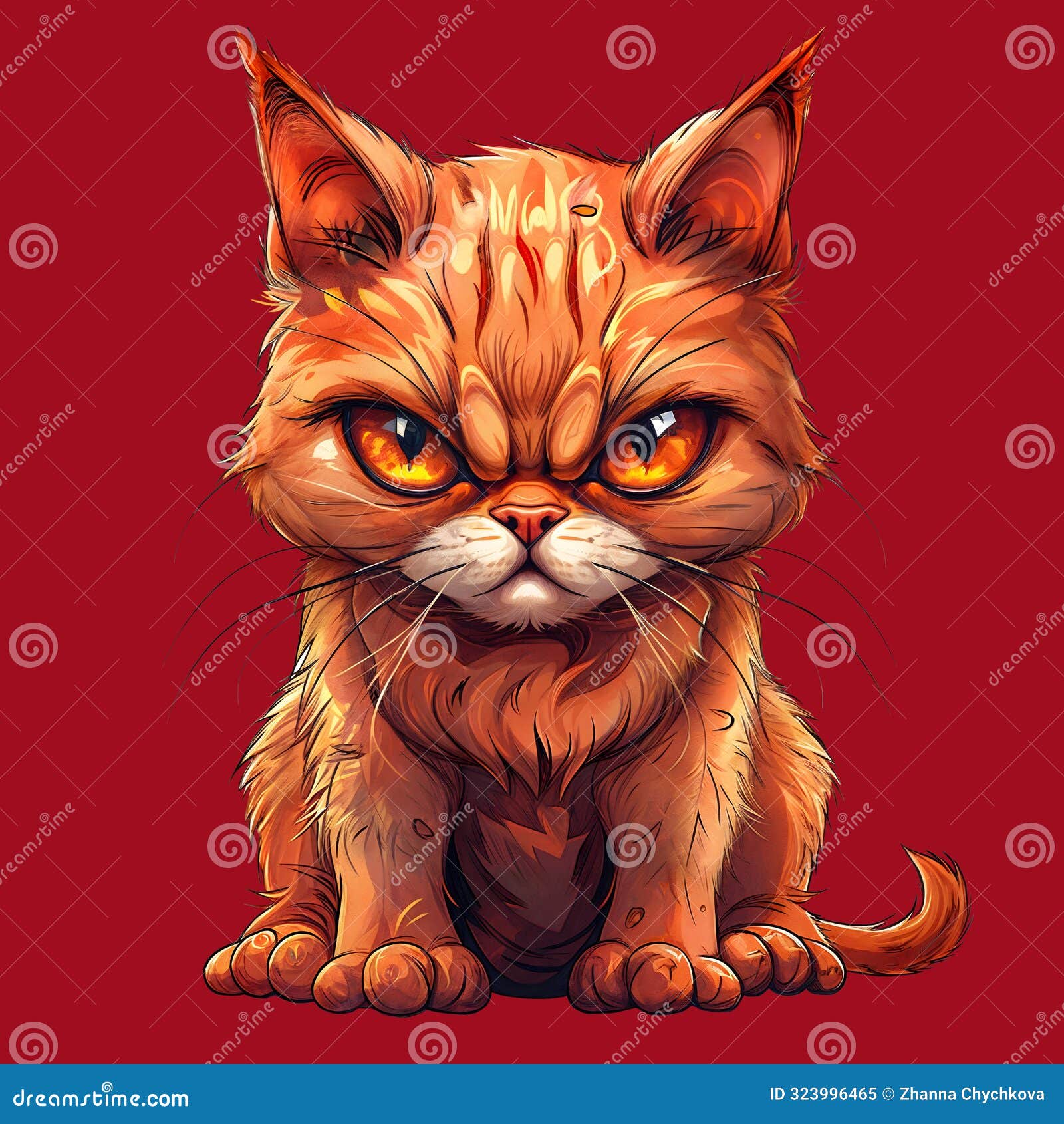 Grumpy and Cute Orange Cat Illustration on Red Background Stock ...