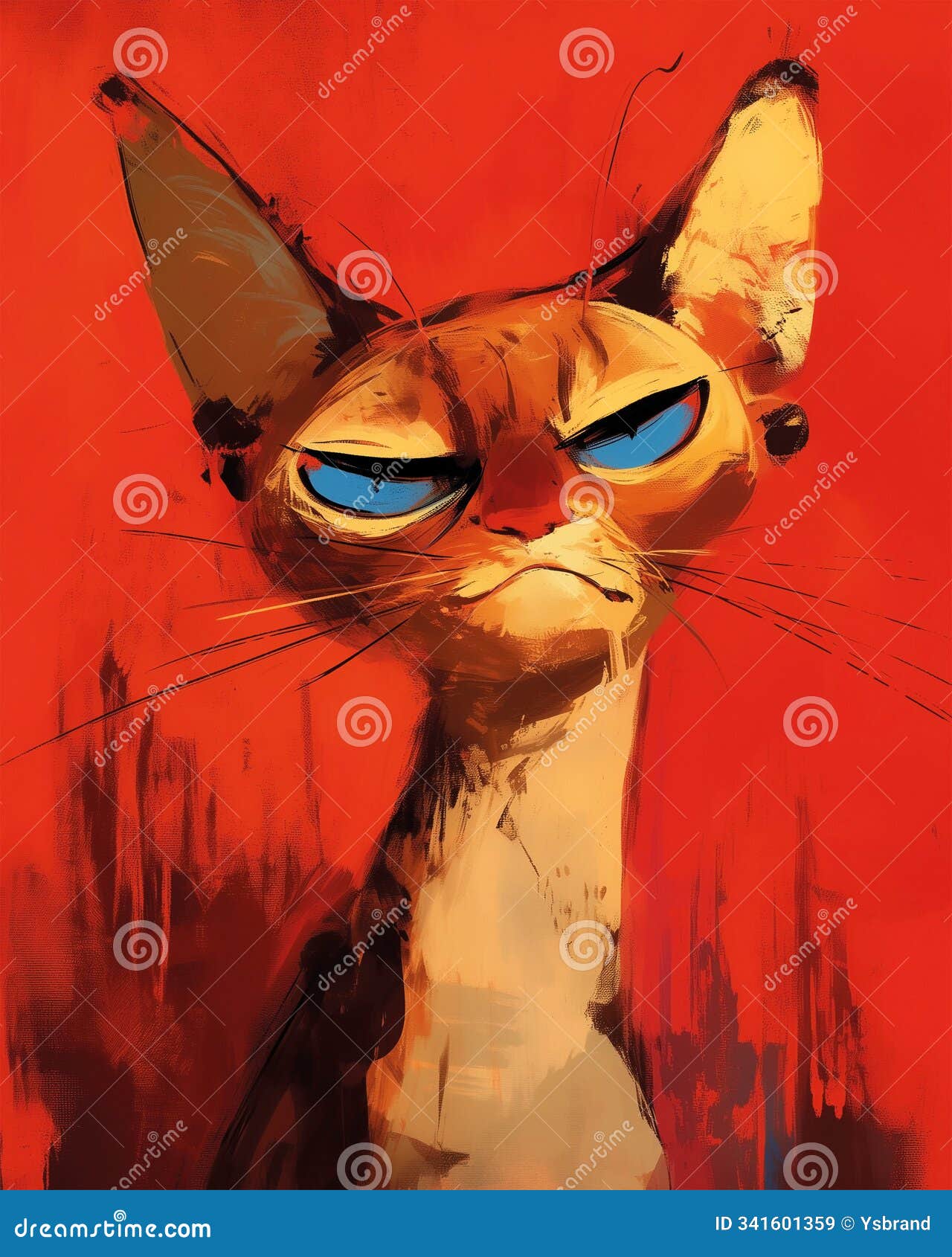 Grumpy Red White Cat with Blue Eyes and Big Ears Against Red Background ...