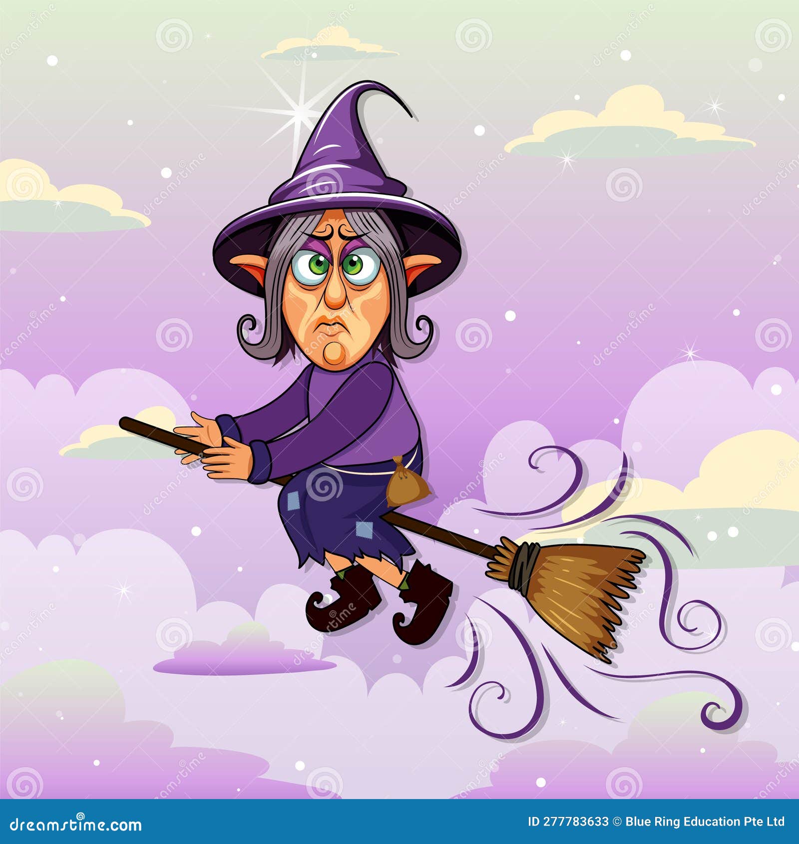 Grumpy Witch Riding Bloom on Sky Stock Vector - Illustration of evil ...