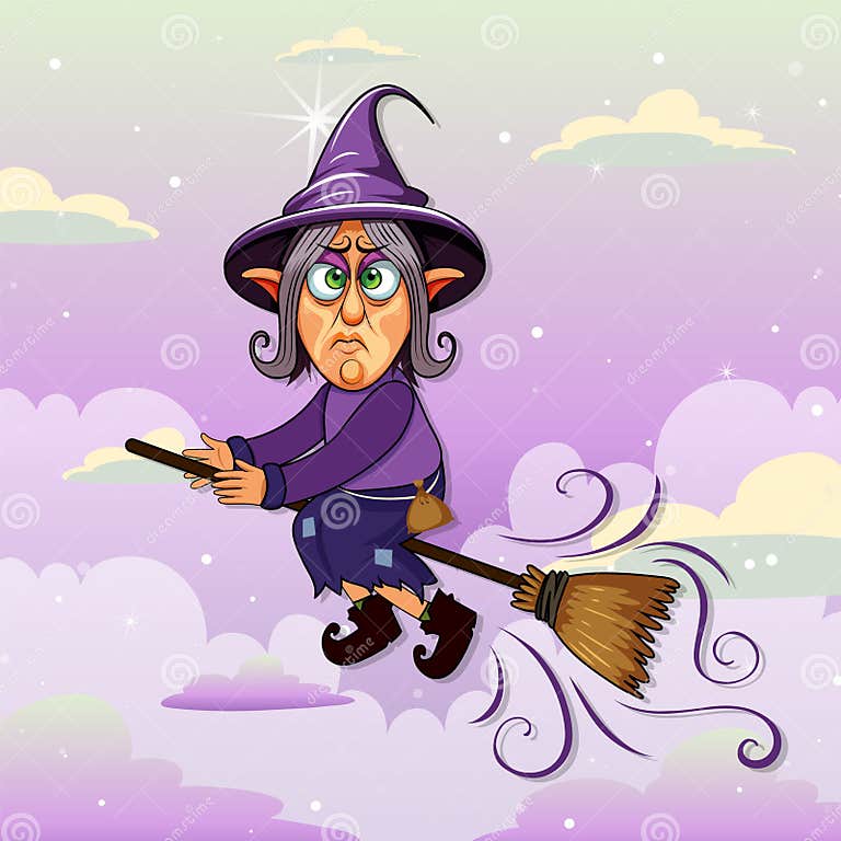 Grumpy Witch Riding Bloom on Sky Stock Vector - Illustration of evil ...