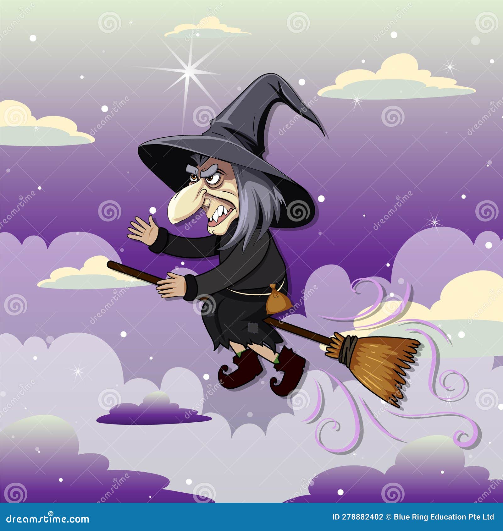 Grumpy Witch Riding Bloom on Sky Stock Vector - Illustration of color ...