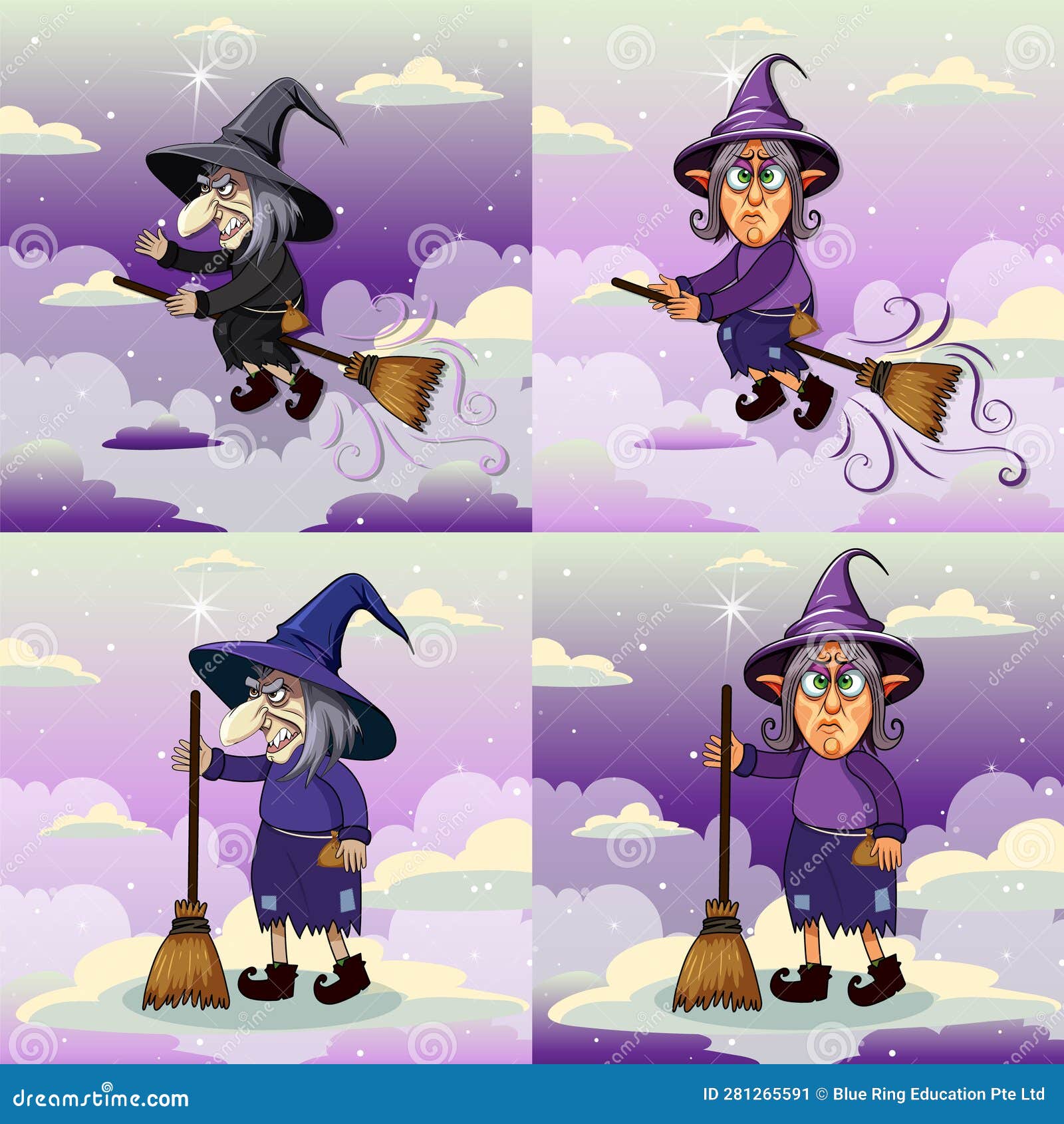 Grumpy Witch Riding Bloom on Sky Set Stock Vector - Illustration of ...