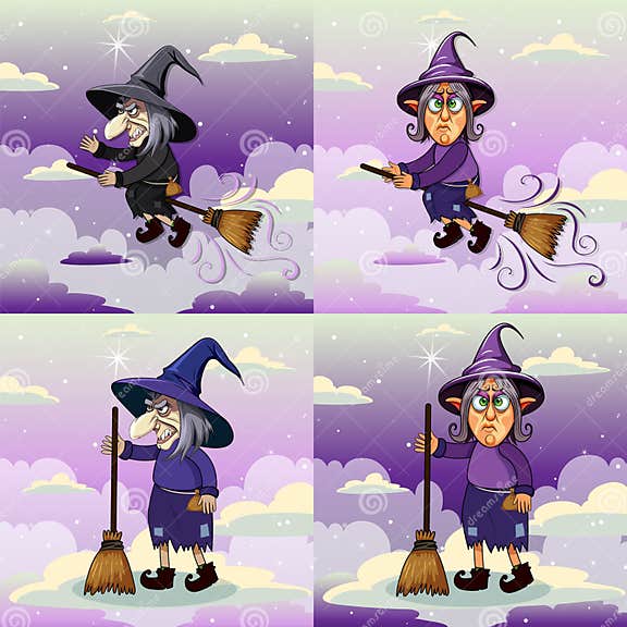 Grumpy Witch Riding Bloom on Sky Set Stock Vector - Illustration of ...