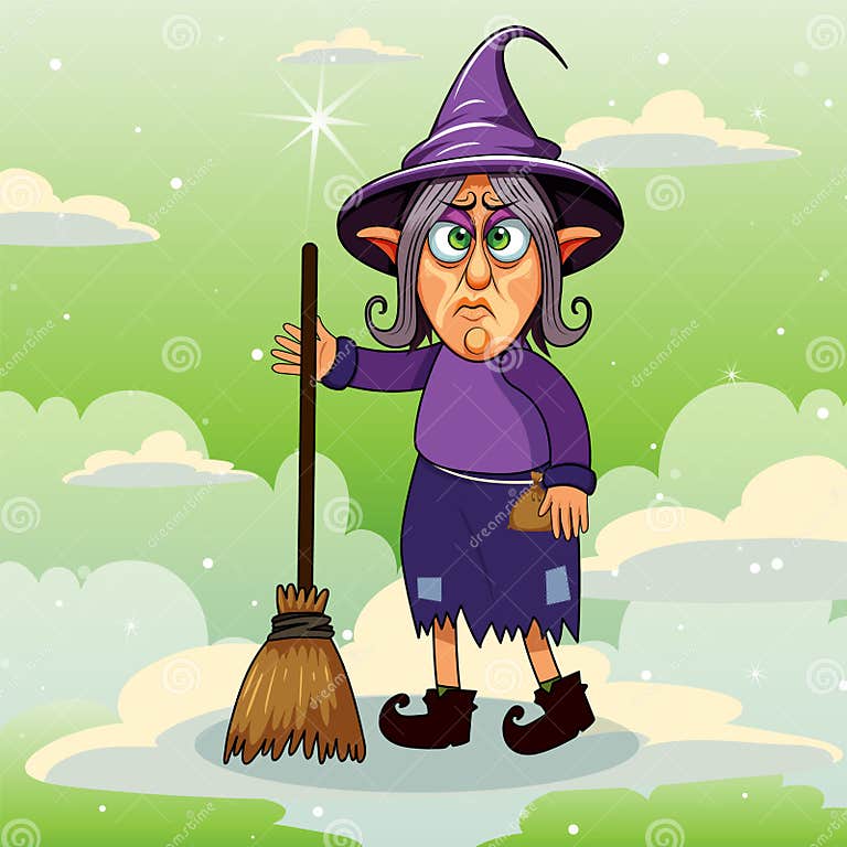 Grumpy Witch on the Sky Holding Bloom Stock Vector - Illustration of ...