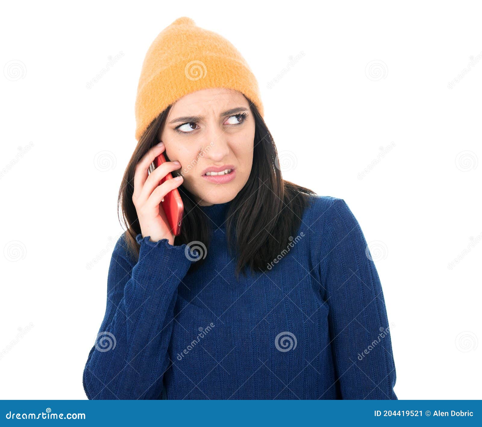 Grumpy Woman Talks on the Phone, Isolated on White Background. Nuisance ...