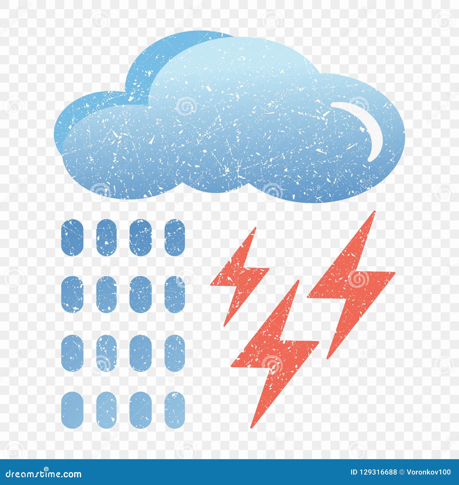 Grunge Blue Cloud Icon with Lightning and Rain. Cartoon Illustration of ...