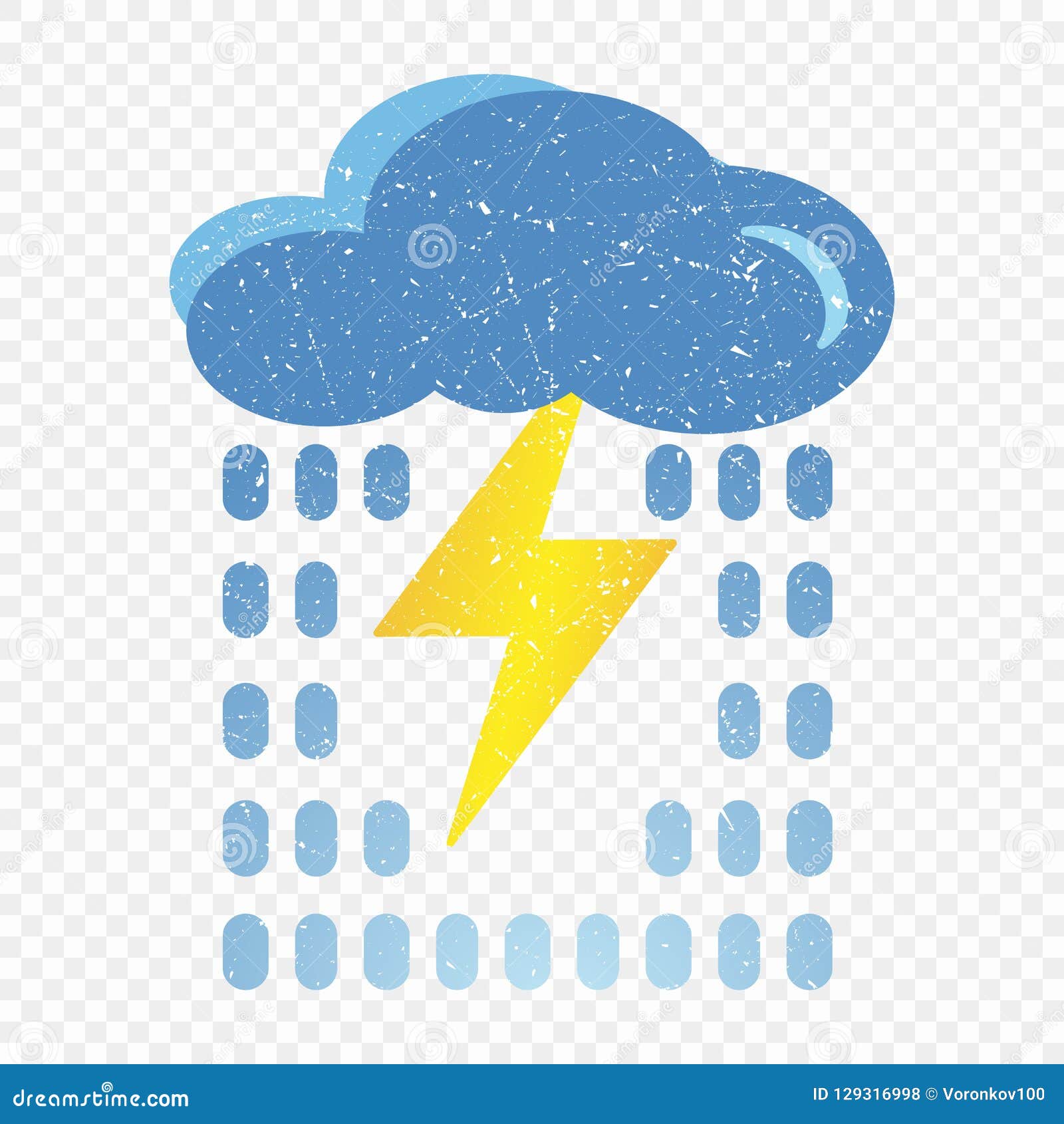 Grunge Blue Cloud Icon with Lightning and Rain. Cartoon Illustration of ...