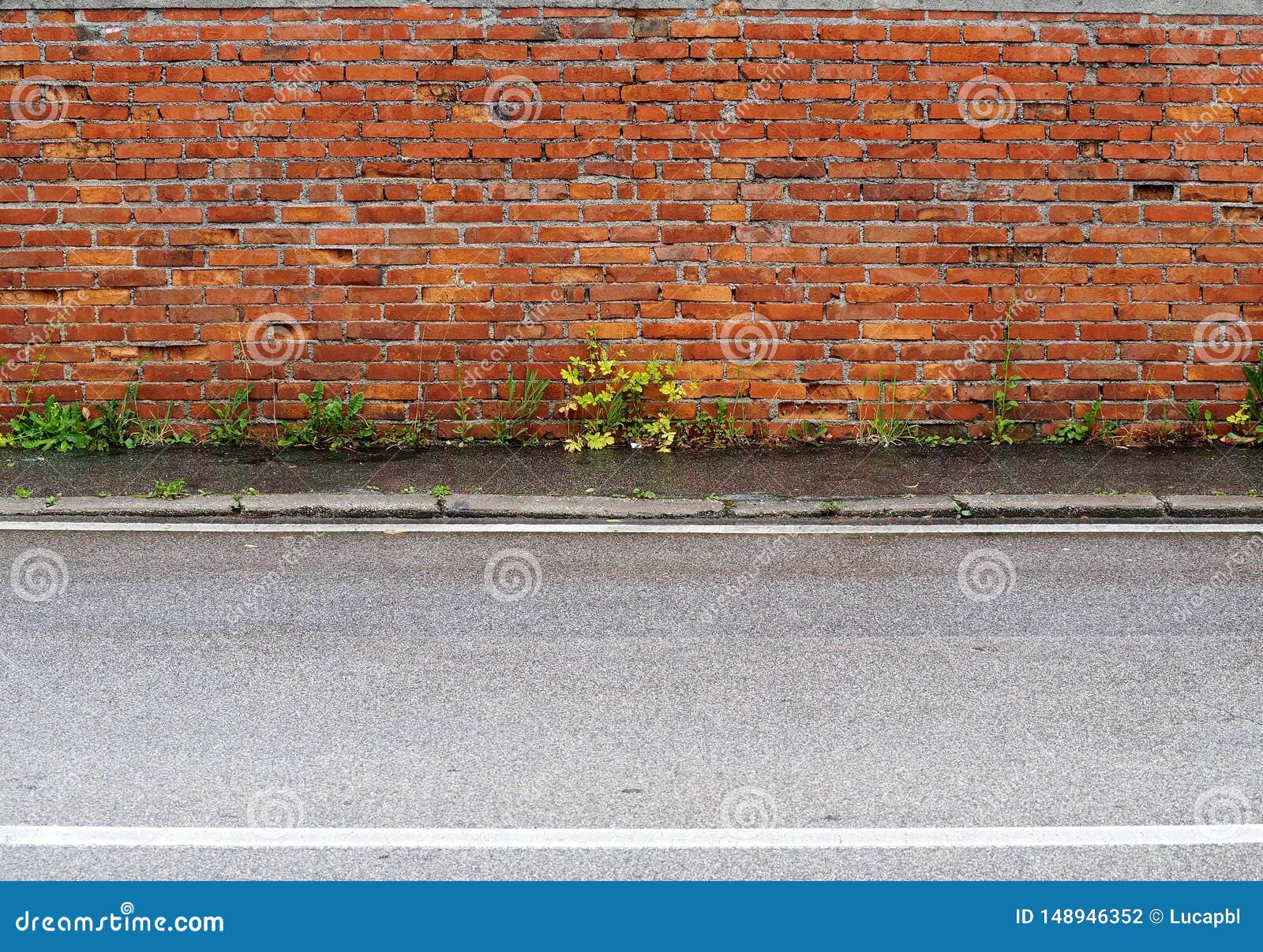 Grunge Brick Wall and a Worn Sidewalk with Weeds. Asphalt Road in Front ...