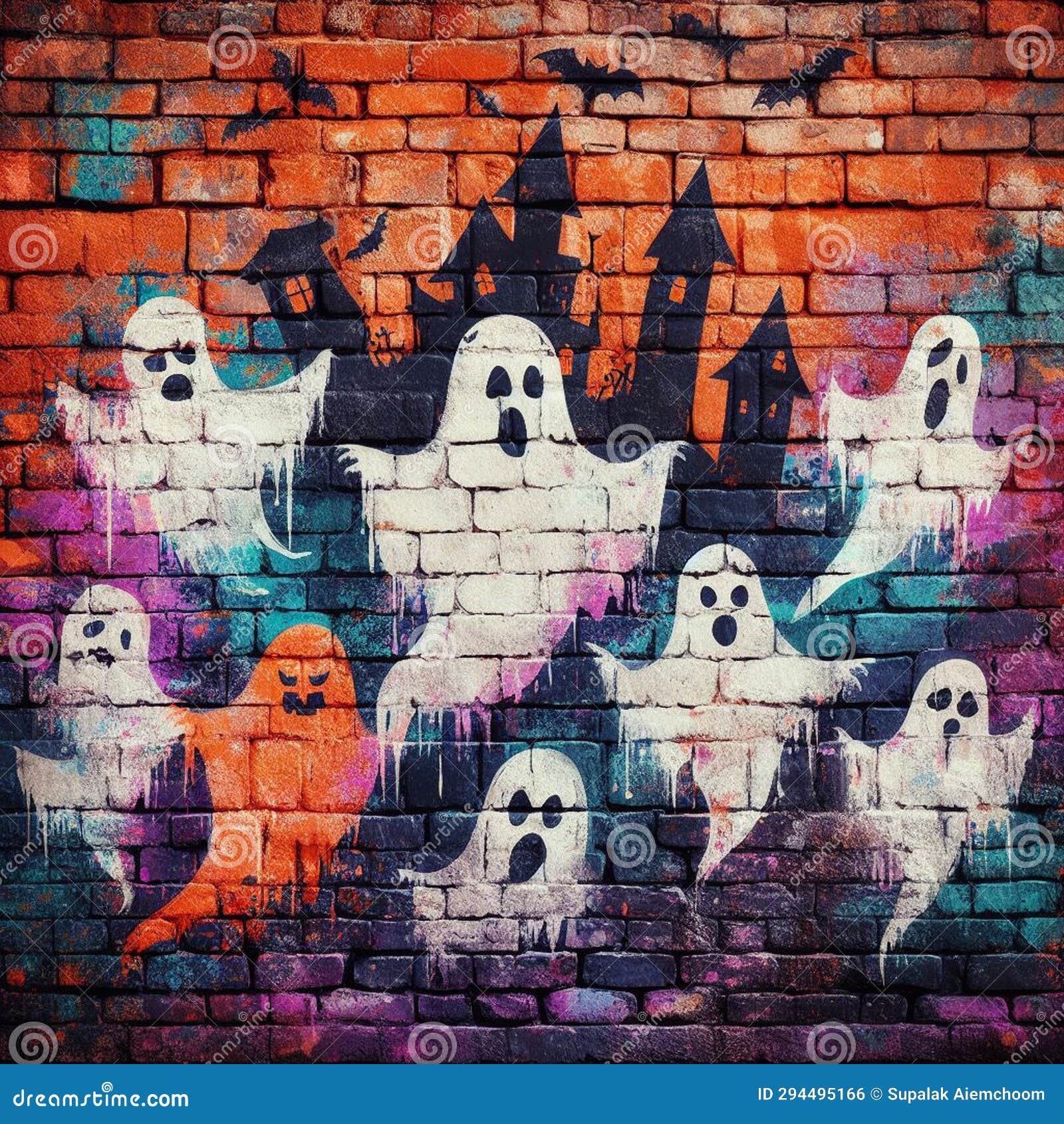 Grunge Bricks Wall Halloween Ghosts Stock Illustration - Illustration ...
