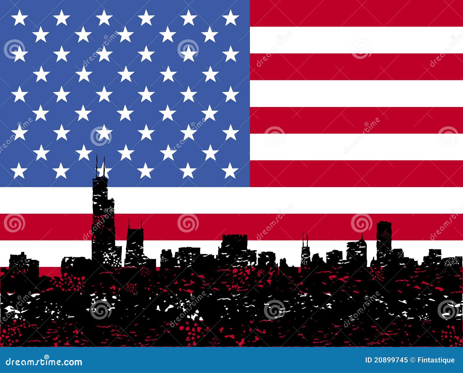 Grunge Chicago Skyline with American Flag Stock Vector - Illustration ...