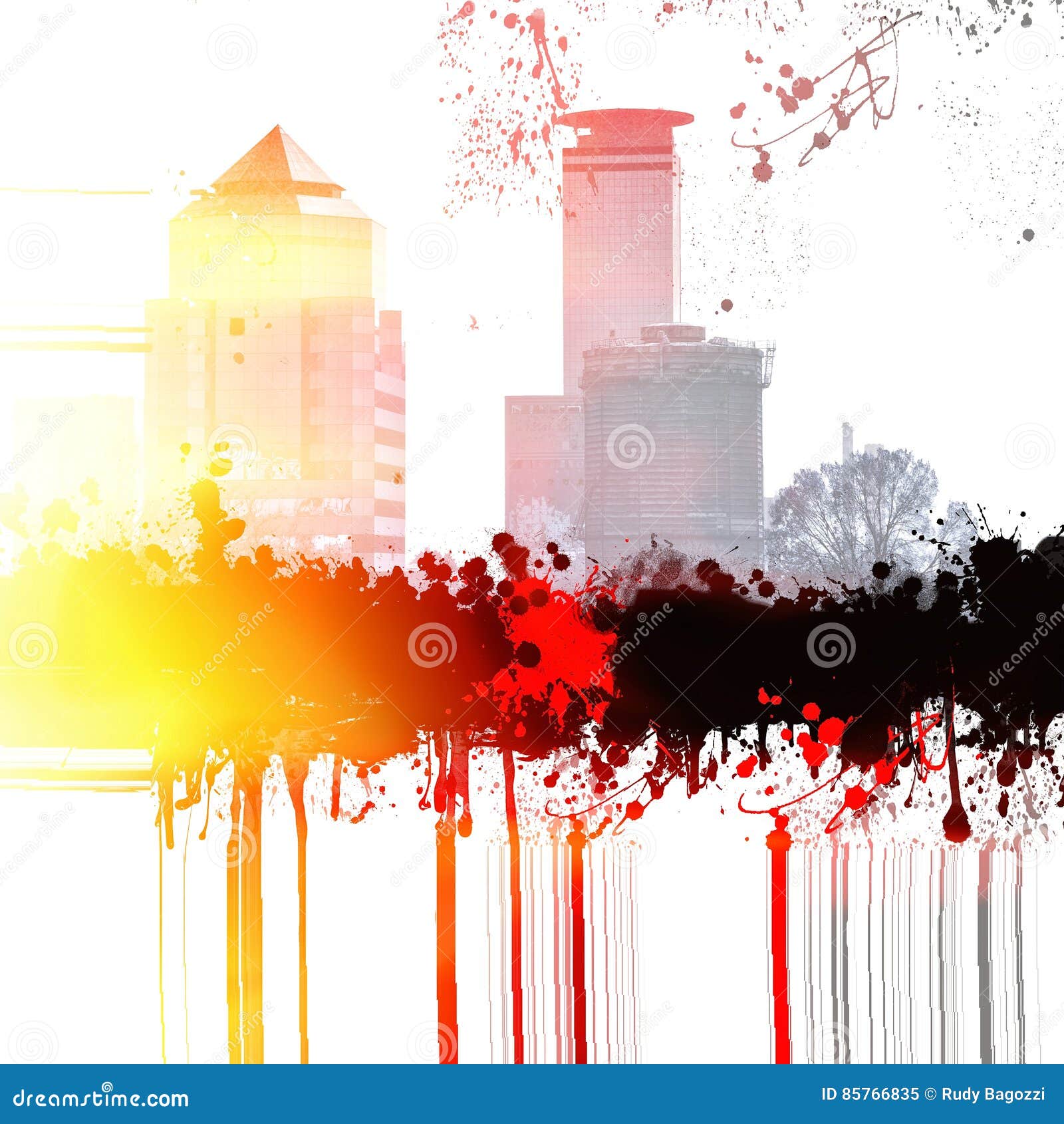 Grunge City Skyline with Fire and Flames Effect. Stock Illustration ...
