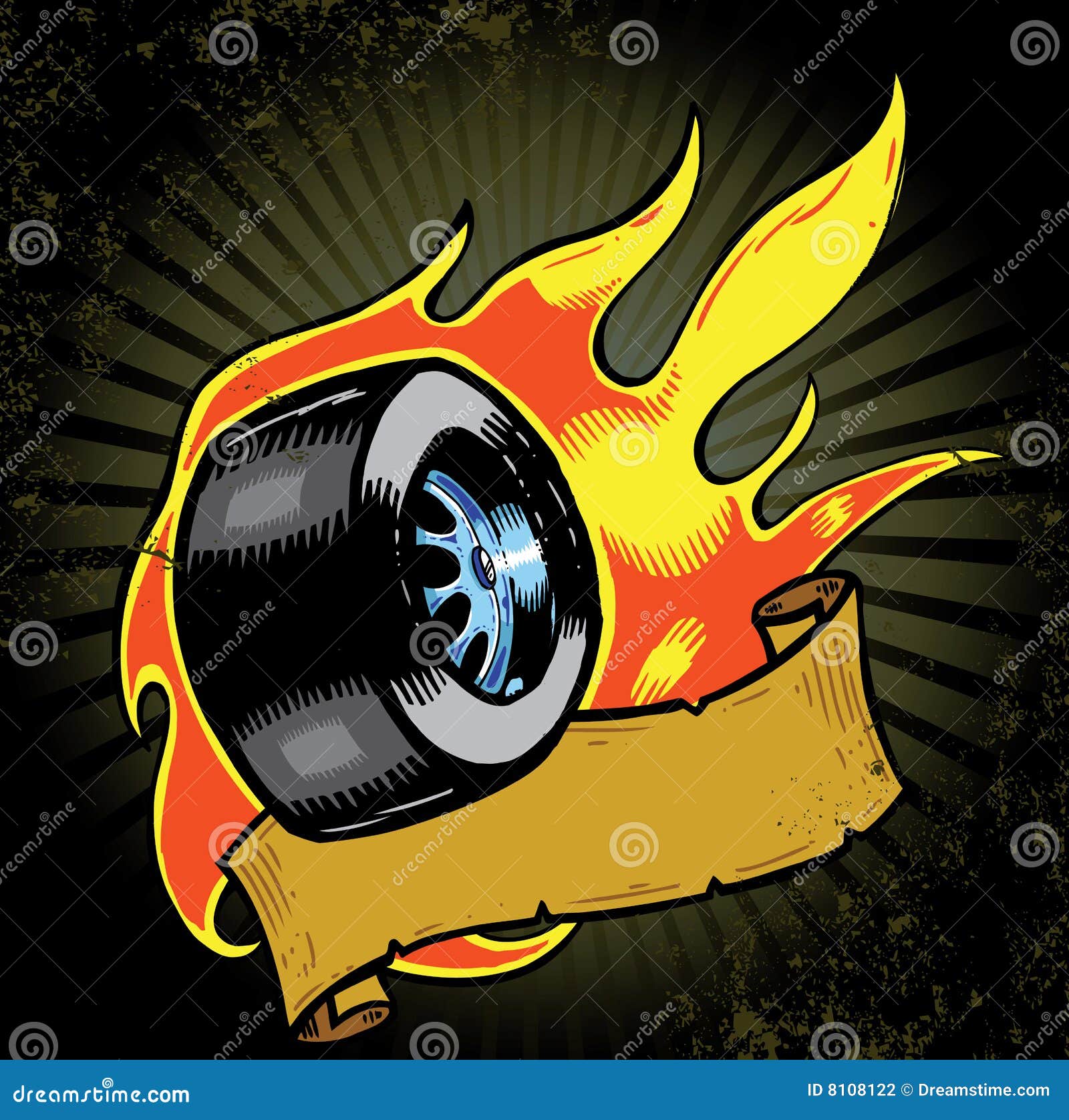 Grunge Flaming Wheel with Banner Stock Vector - Illustration of motor ...