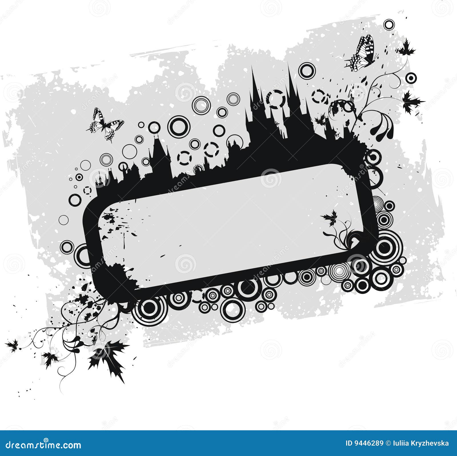 Grunge Floral Frame with Old Town Silhouette Stock Vector ...