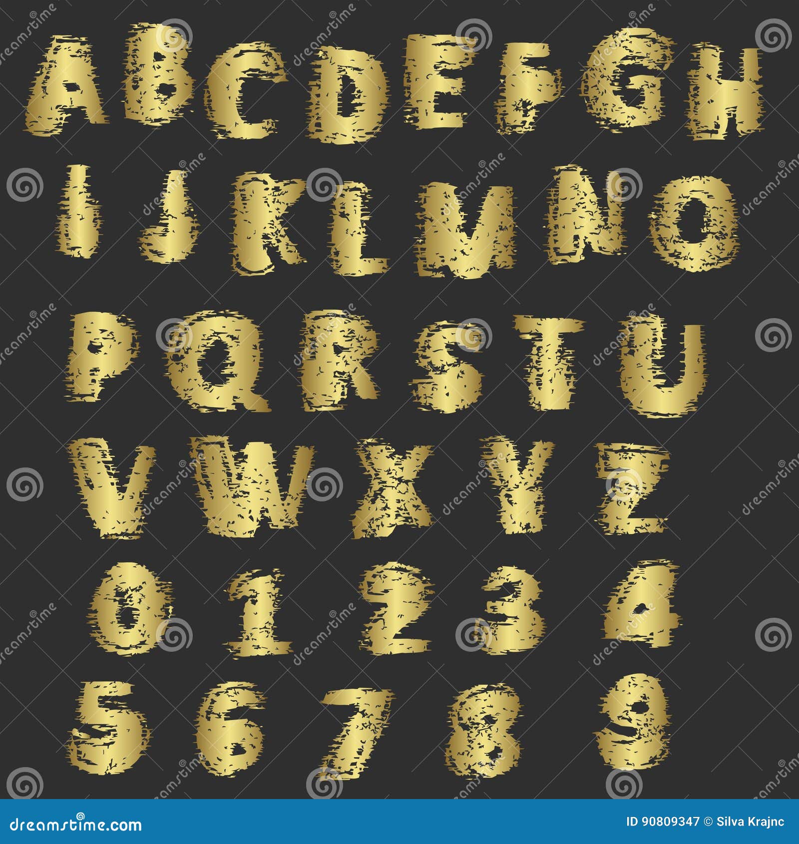 Grunge Gold Letters and Numbers Vector Stock Vector - Illustration of ...