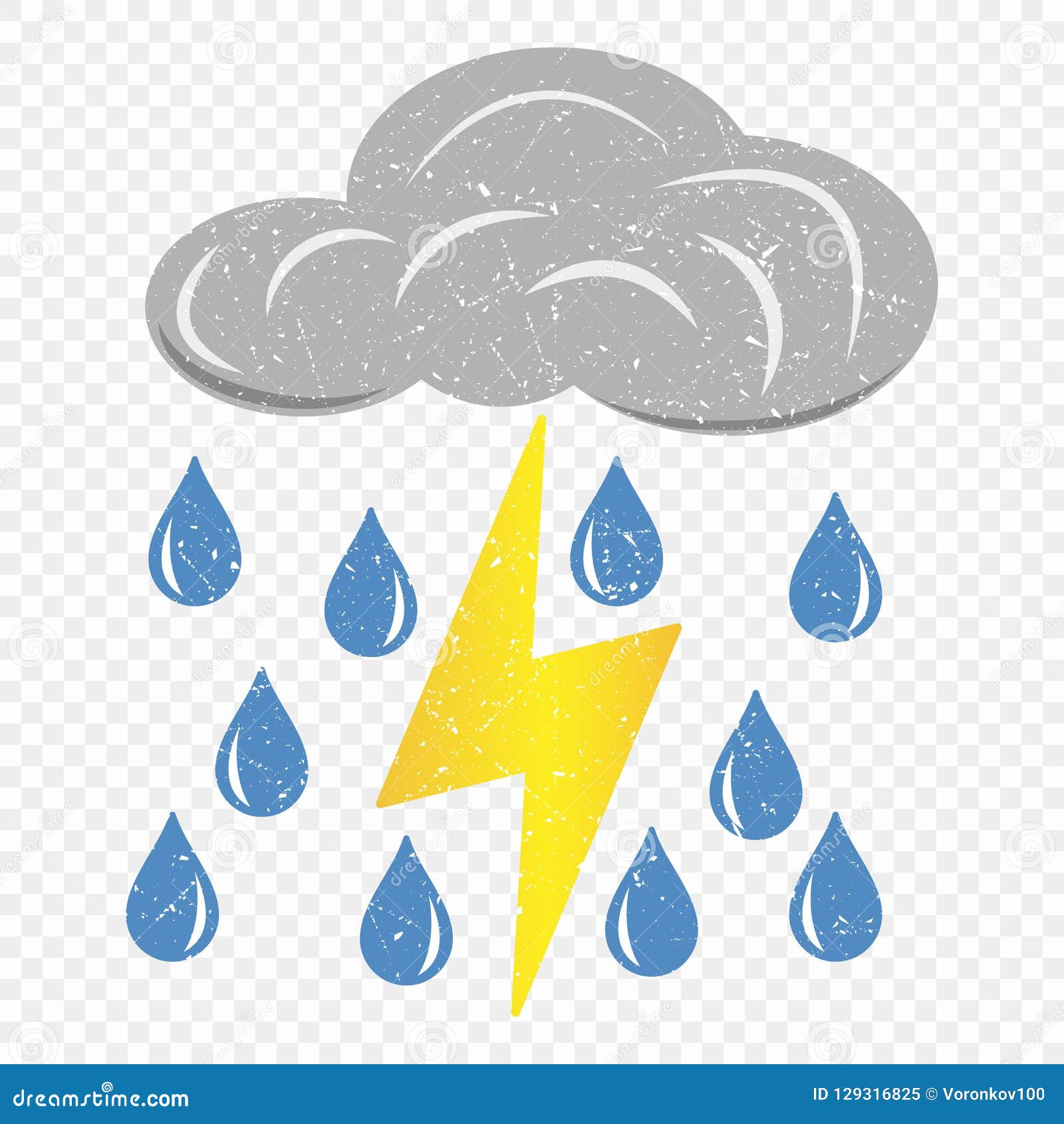 Grunge Grey Cloud with Lightning and Rain Icon. Cartoon Illustration of ...