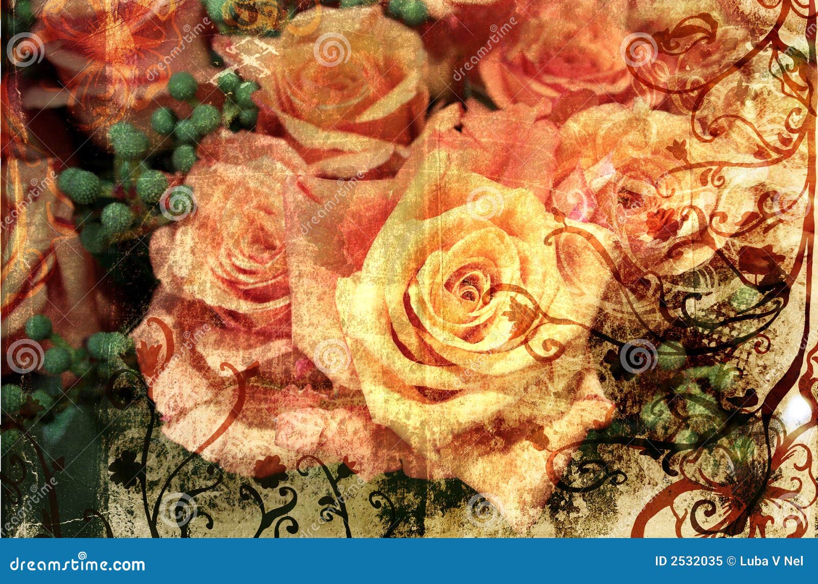 Grunge orange roses stock illustration. Illustration of aged - 2532035