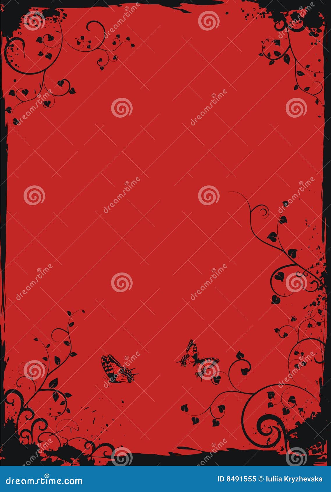 Grunge Red Floral Frame with Butterflies Stock Vector - Illustration of ...