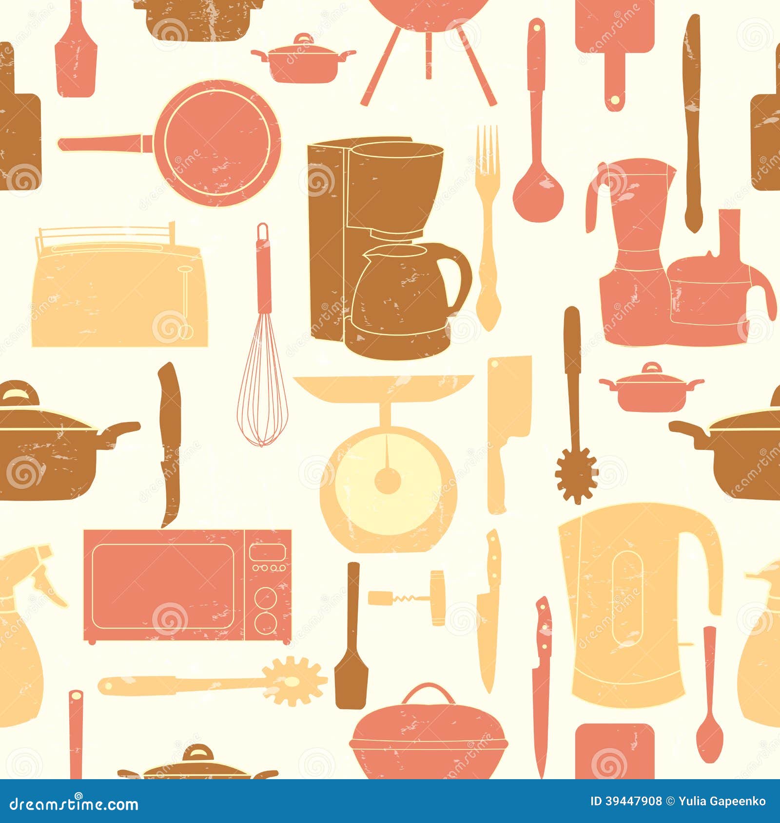 Grunge Retro Vector Illustration Seamless Pattern of Kitchen Too Stock ...