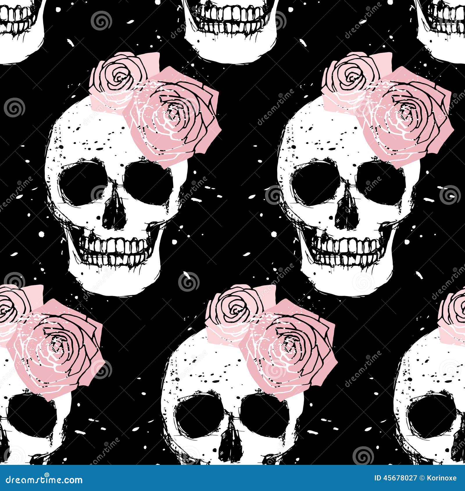 Grunge Skull and Rose Seamless Pattern Stock Vector - Illustration of ...