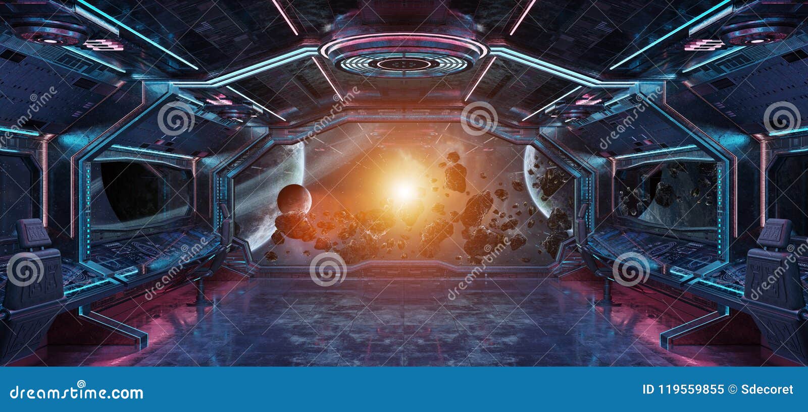 Grunge Spaceship Interior with View on Planet Earth 3D Rendering Stock ...