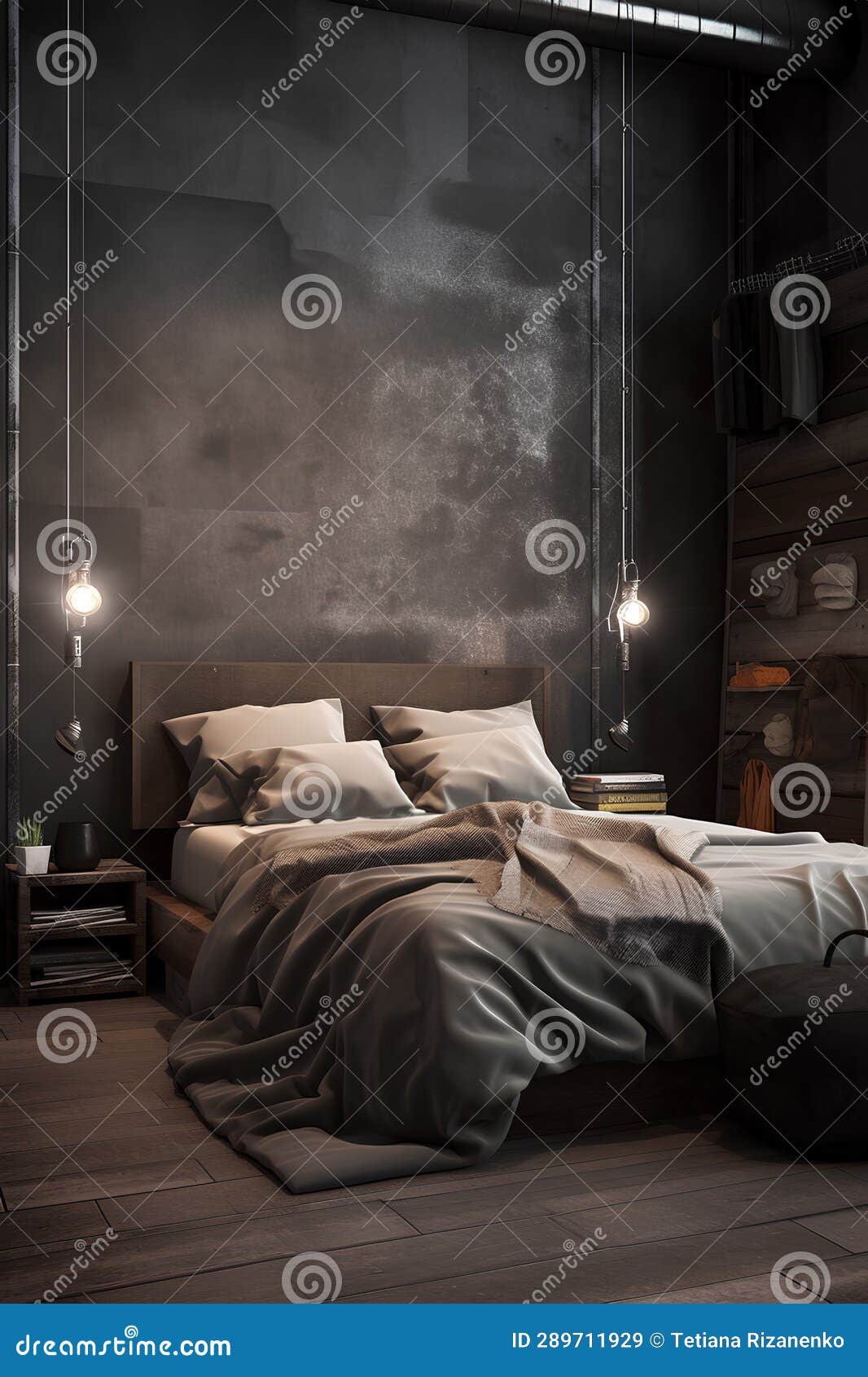 Grunge Style Bedroom Interior in Modern House Stock Illustration ...