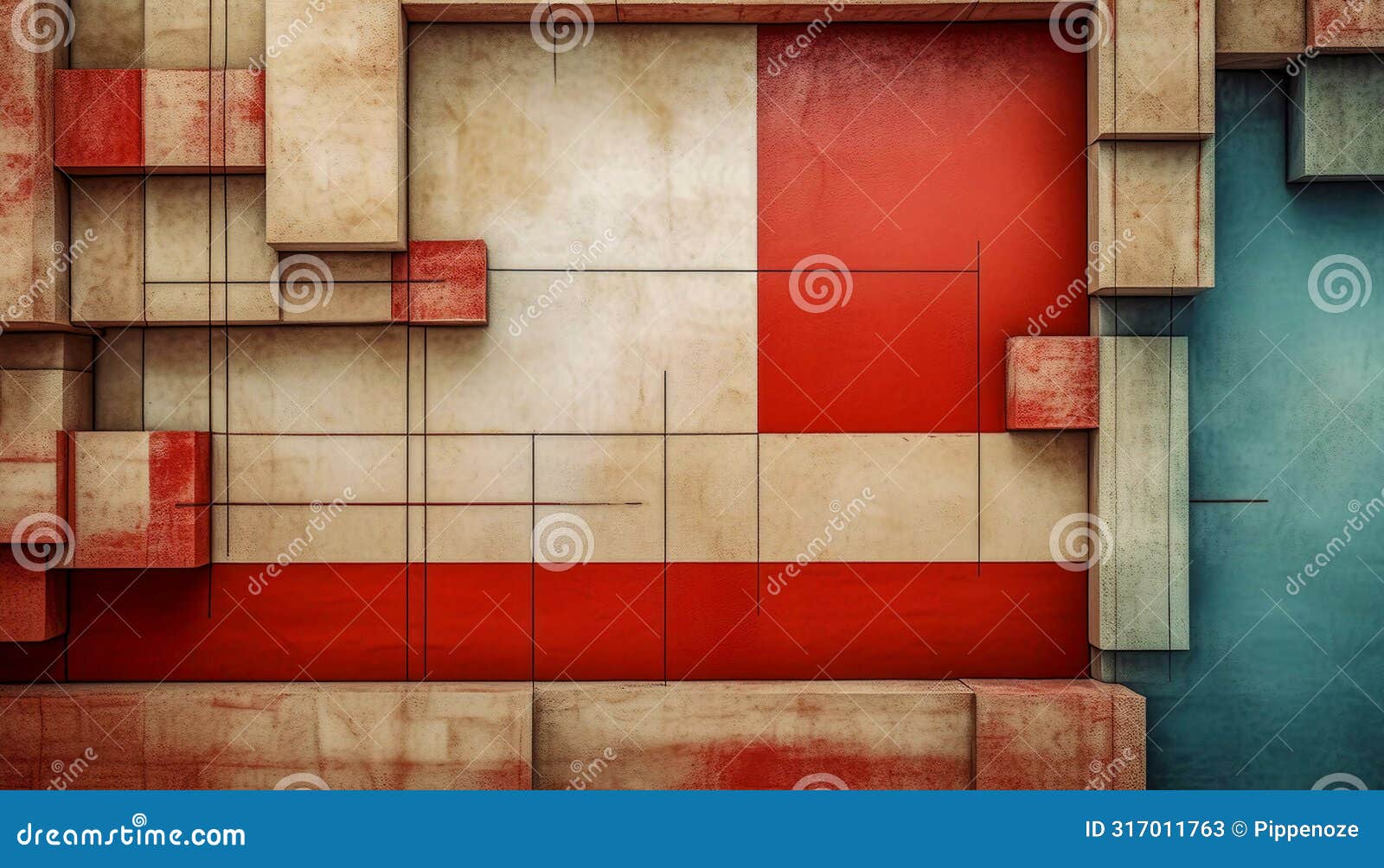A Grunge Wall Made of Red and White Blocks with a Blue Background Stock ...