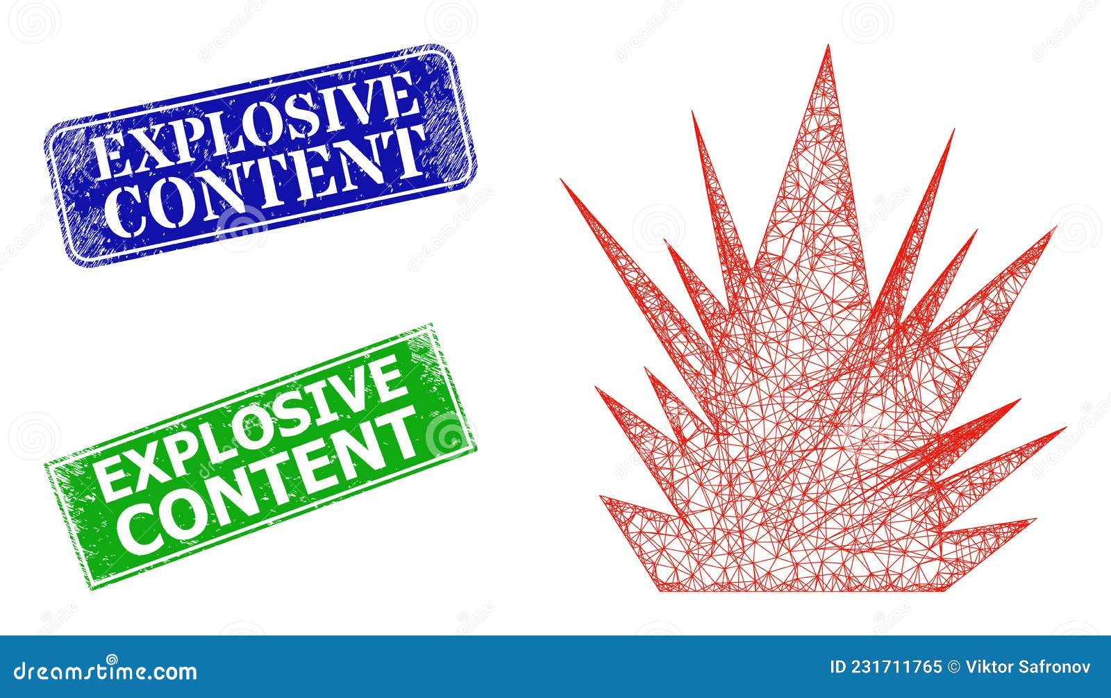 Grunged Explosive Content Stamp Seals and Polygonal Mesh Bang Icon ...