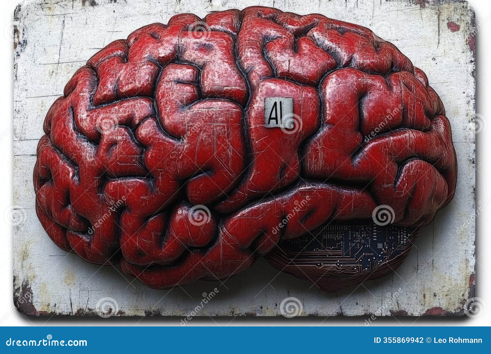 Grungy Red Brain Embedded AI Circuits on Weathered Surface Symbolizing ...