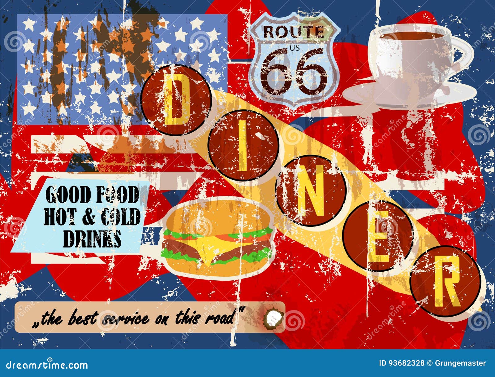 Grungy route 66 diner sign stock vector. Illustration of drink - 93682328