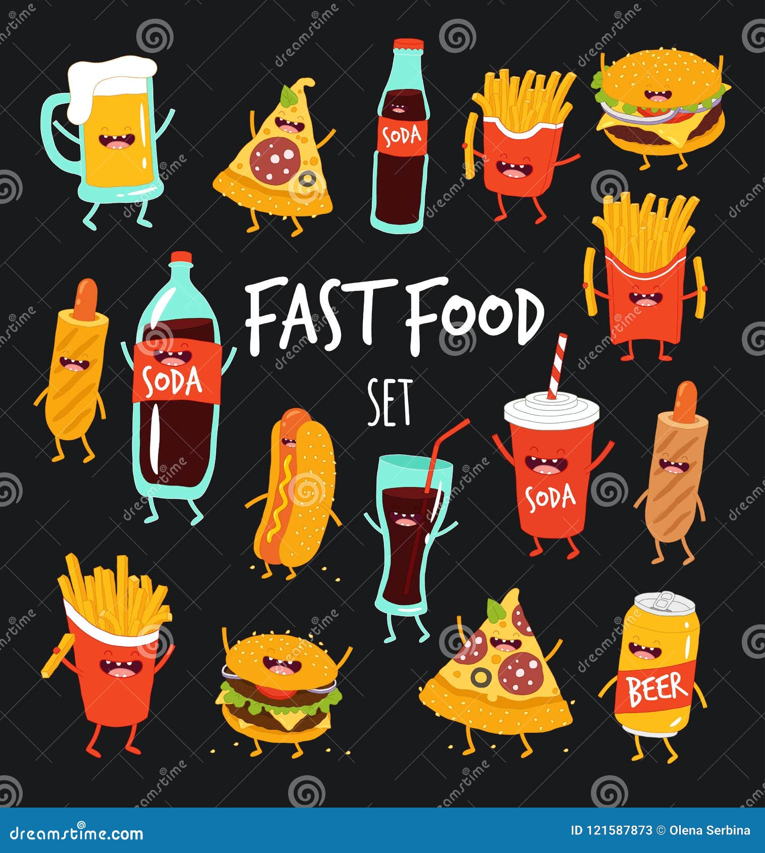 Grupo animado do fast food ilustração do vetor. Ilustração de emoticon ...