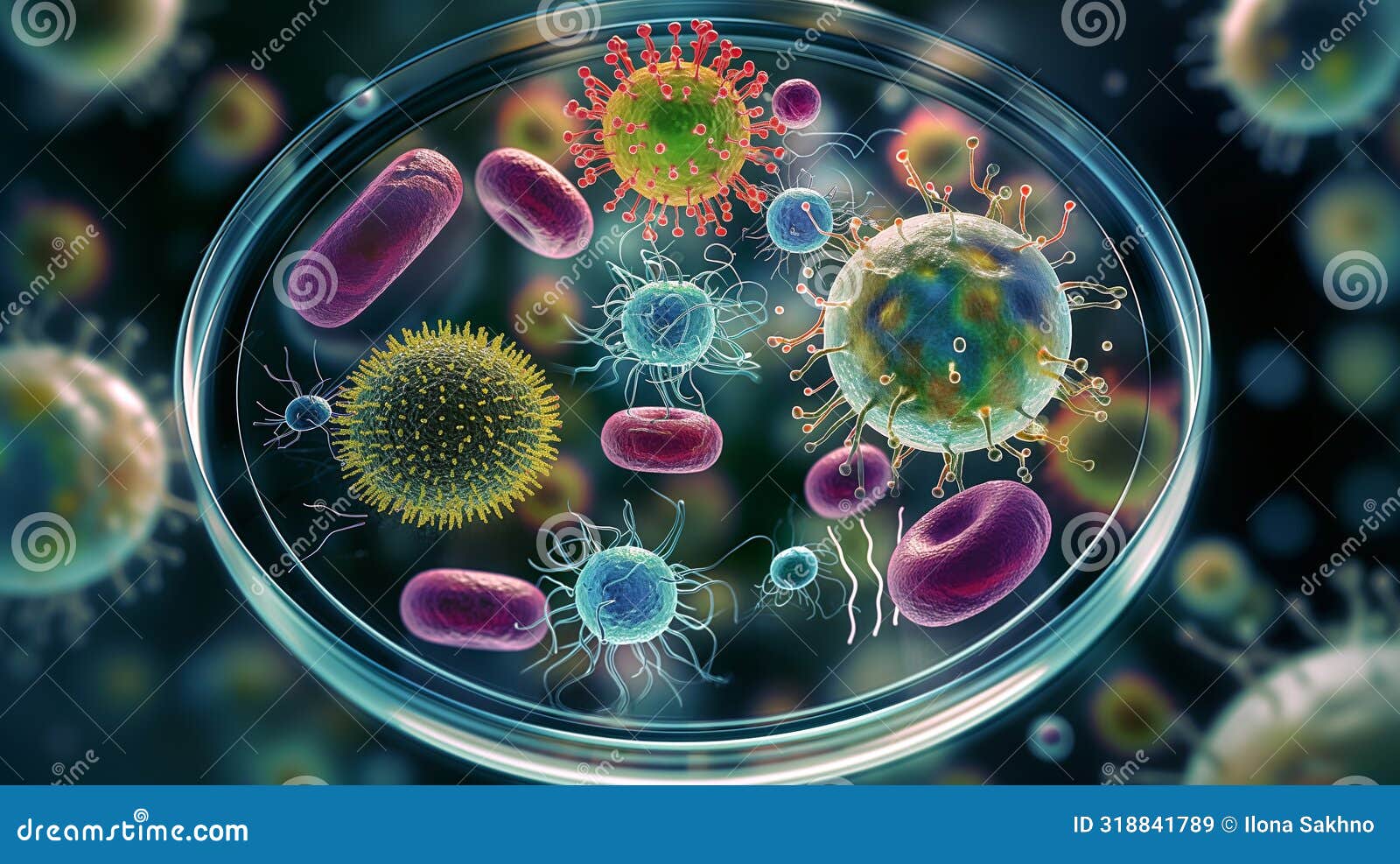Grupo De Diferentes Tipos De Bacterias O Microbios Microscópicos Stock ...