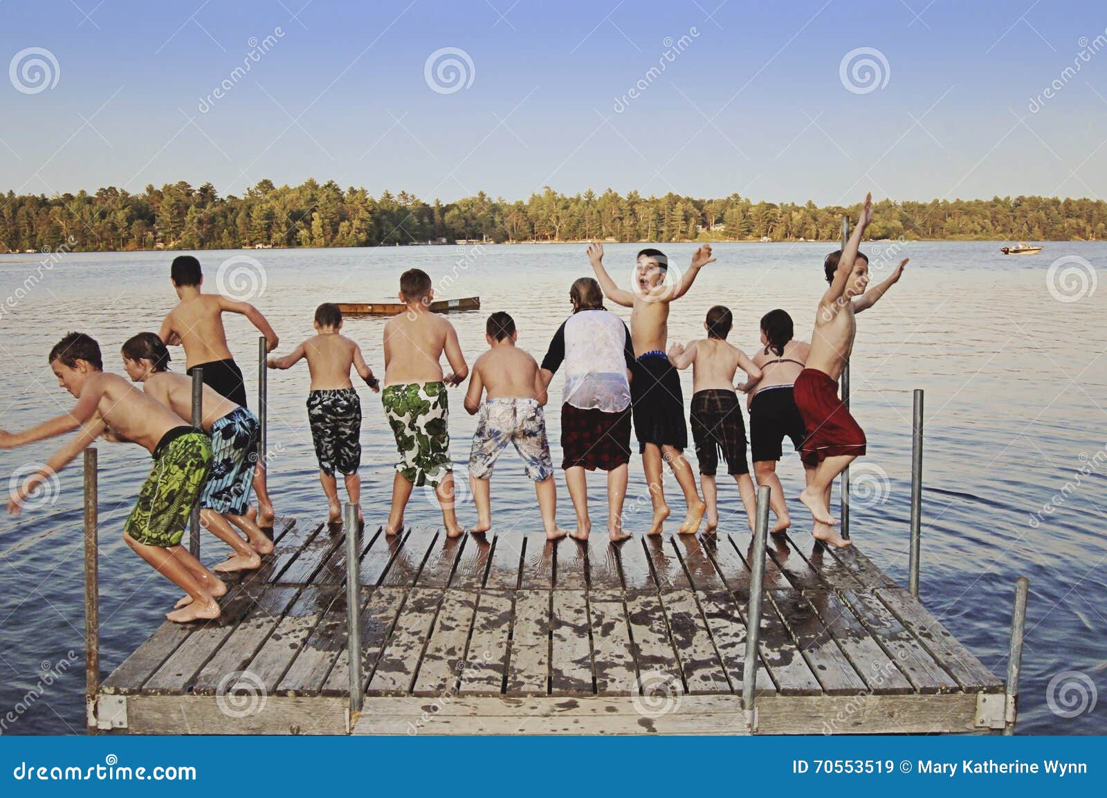 Gruppo Di Bambini Che Saltano Nel Lago Immagine Stock - Immagine di ...