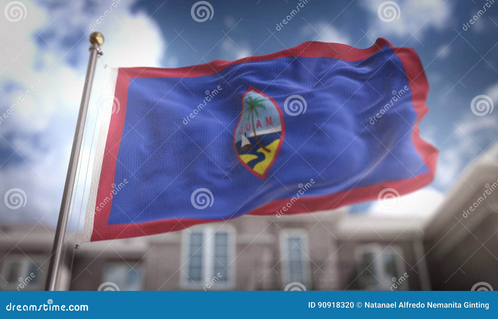 Guam Flag 3D Rendering on Blue Sky Building Background Stock ...