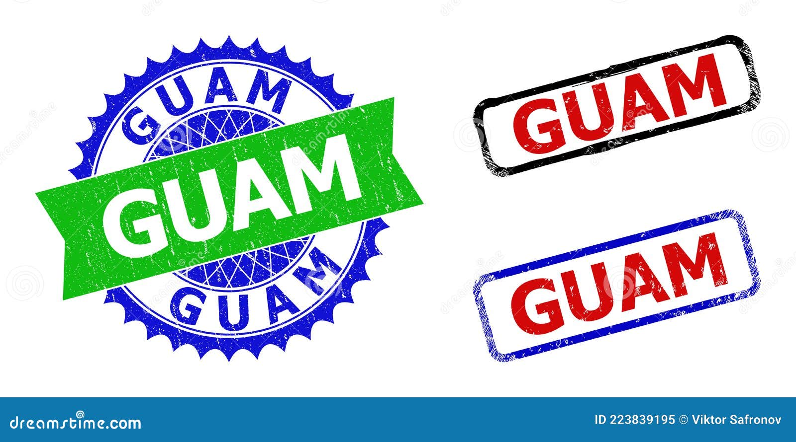 Guam Rosette And Rectangle Bicolor Badges With Grunge Textures Stock