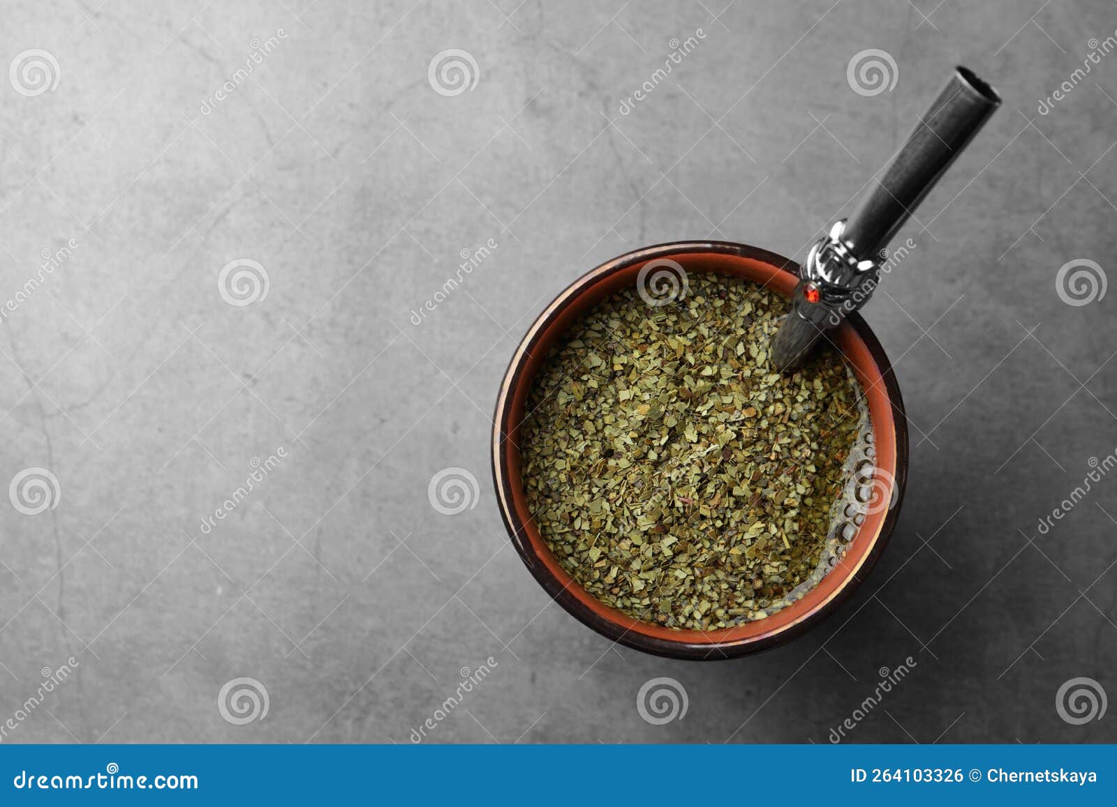 Guampa with Bombilla and Mate Tea on Grey Table, Top View. Space for ...