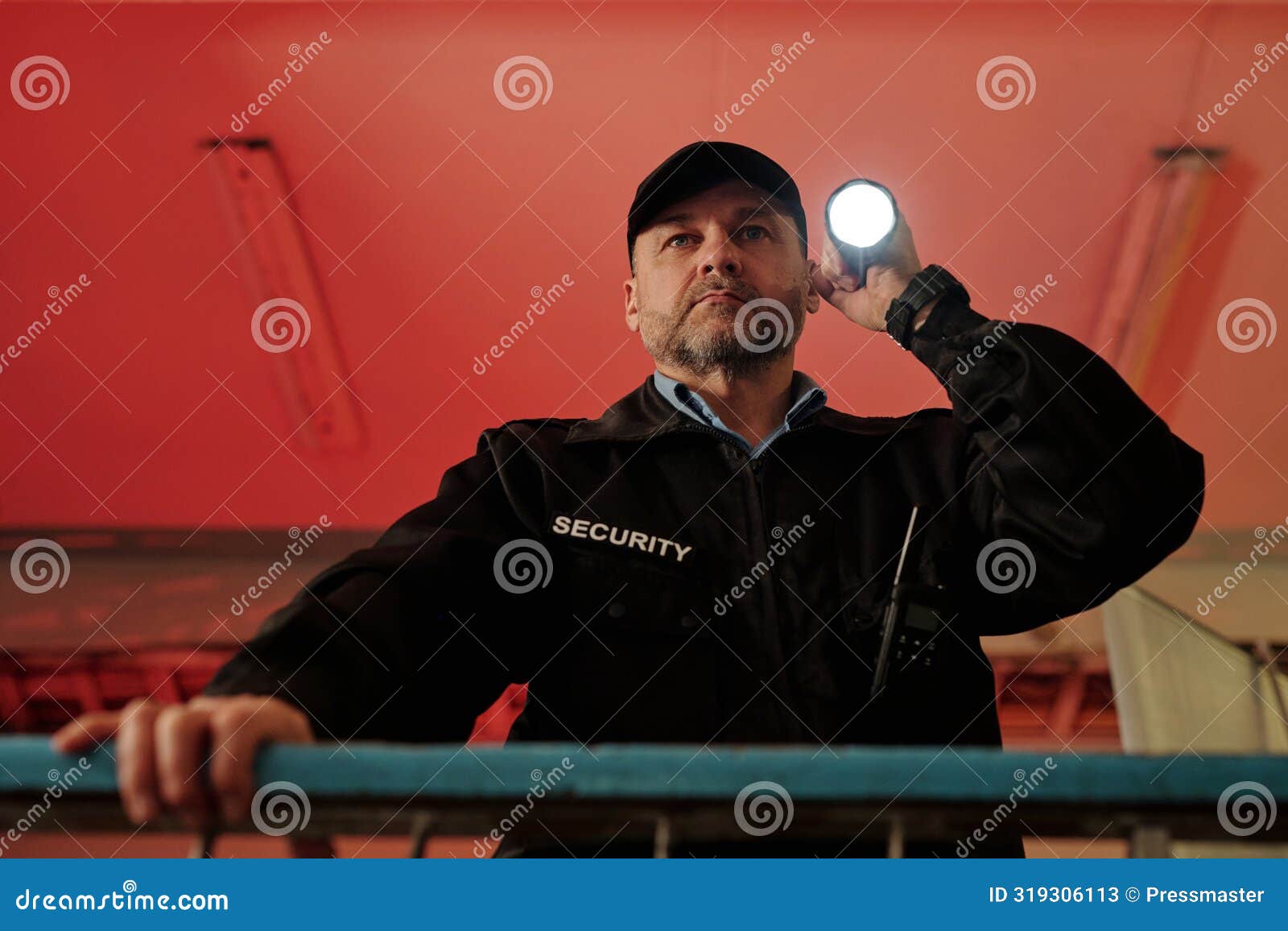 Guard Lighting Forward with Flashlight Stock Image - Image of caucasian ...