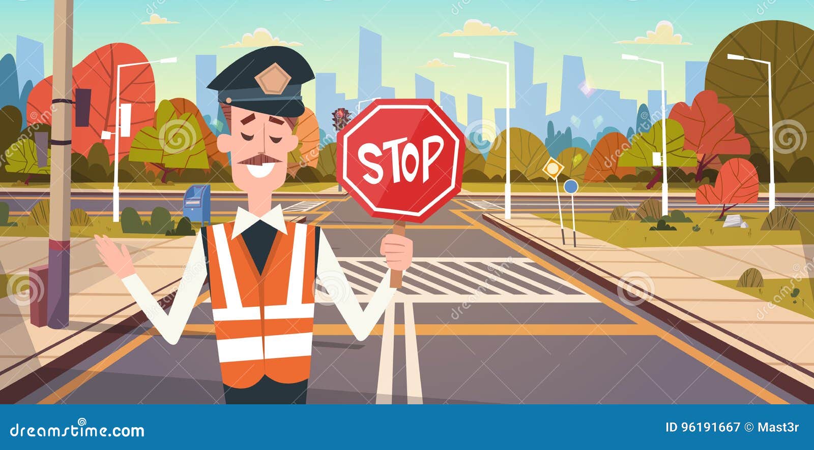 Guard with Stop Sign on Road with Crosswalk and Traffic Lights Stock ...