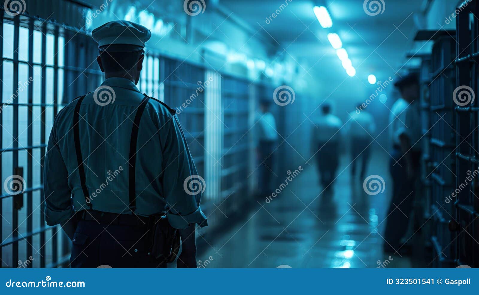 Guard Walking Down a Prison Hallway in Dim Lighting Stock Illustration ...