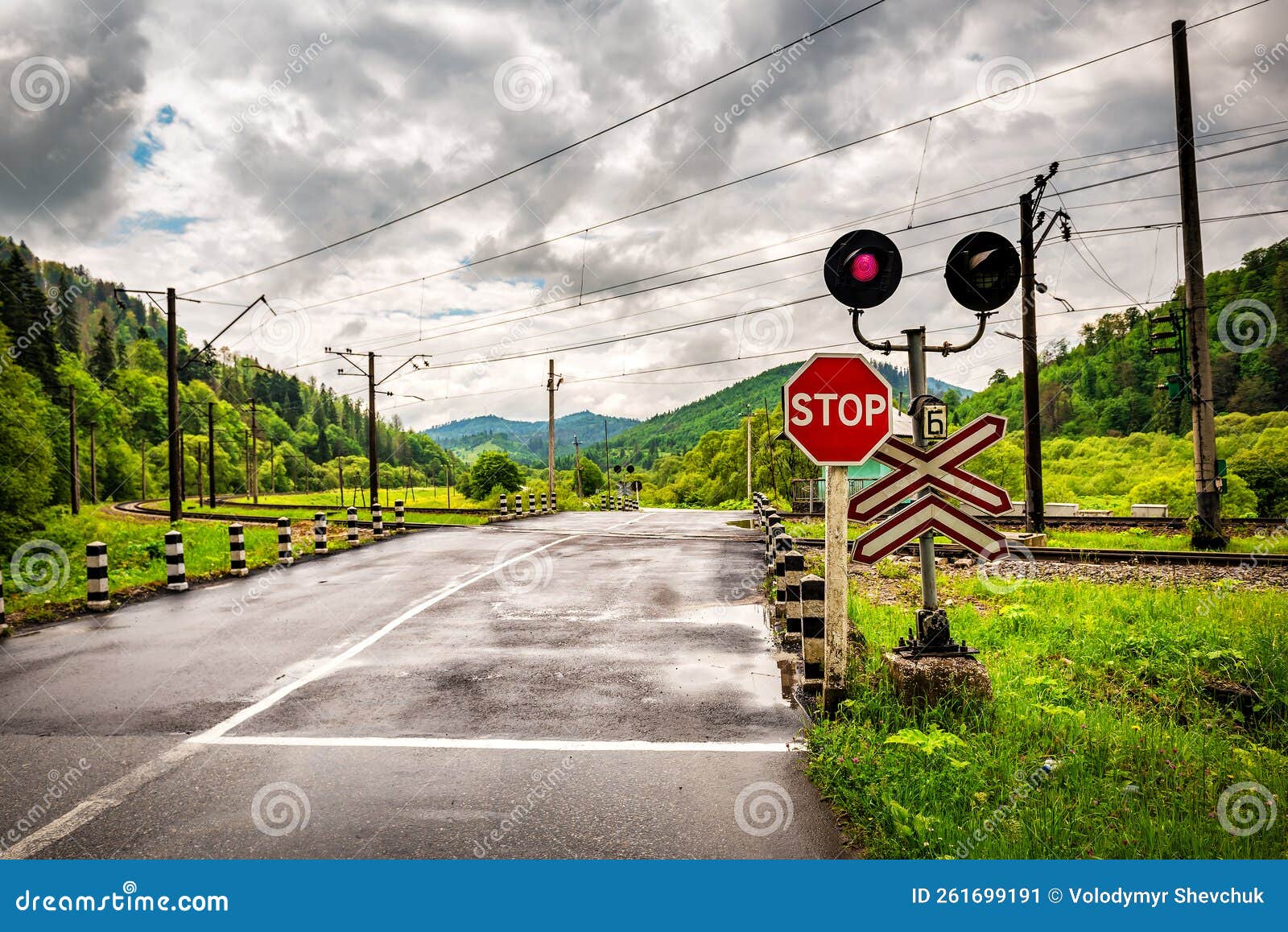 Guarded Railroad Crossing with Open Barriers, Red Warning Light Stock ...