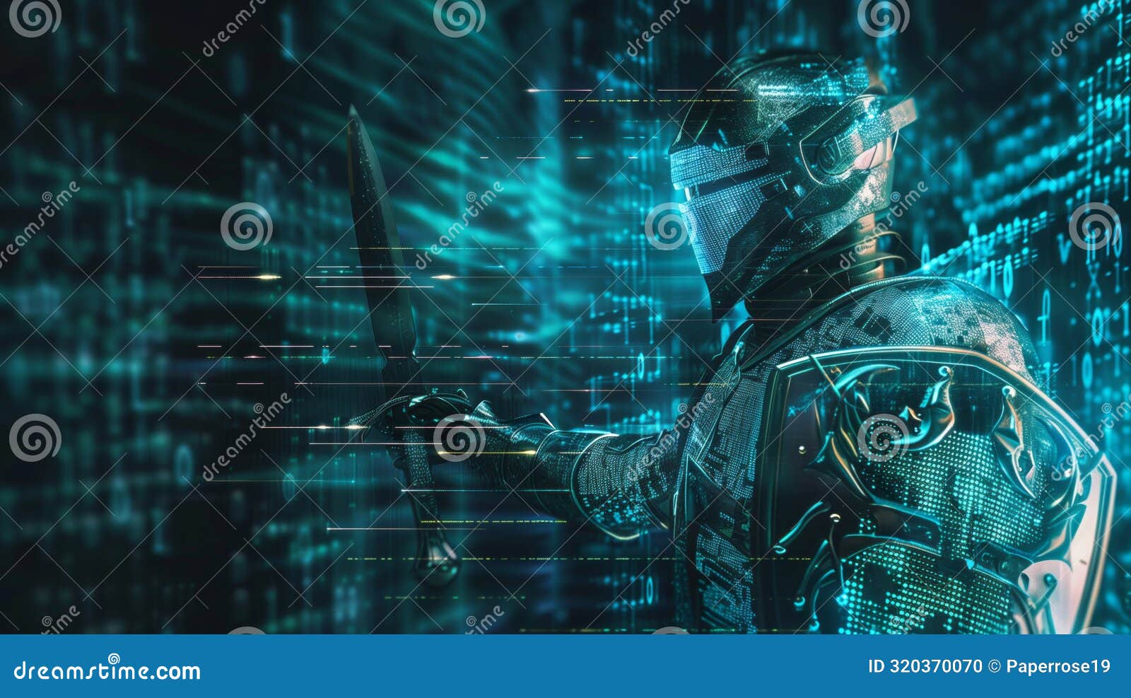 Guardian in Digital Armor, Holding a Shield and Sword Made of Advanced ...