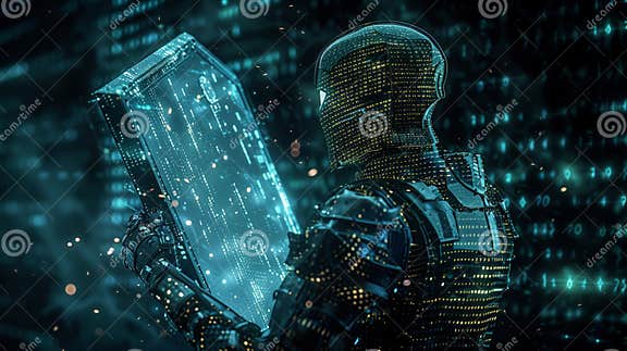 Guardian in Digital Armor, Holding a Shield and Sword Made of Advanced ...