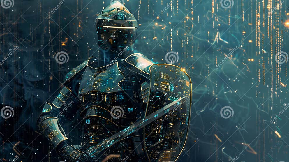 Guardian in Digital Armor, Holding a Shield and Sword Made of Advanced ...