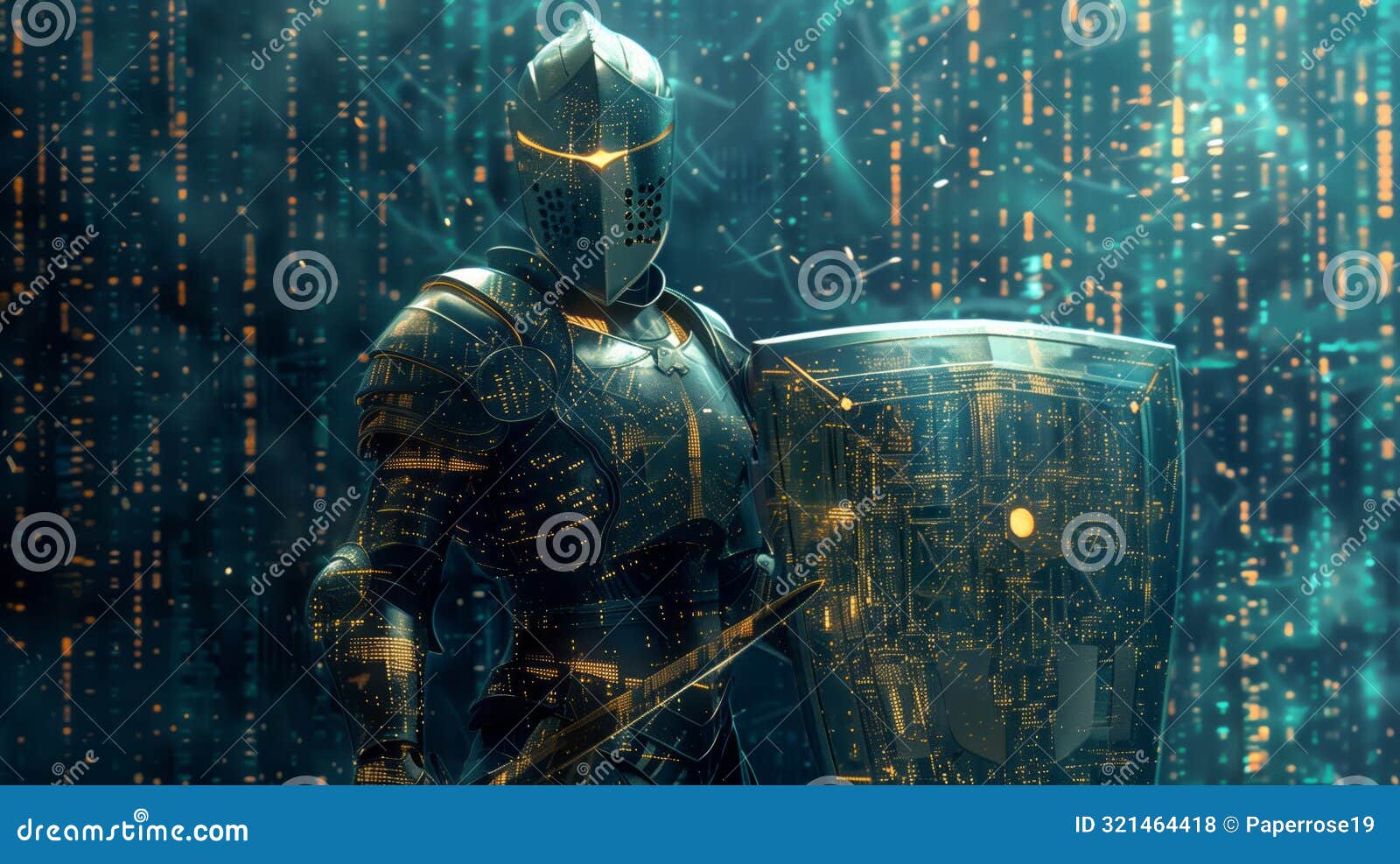Guardian in Digital Armor, Holding a Shield and Sword Made of Advanced ...