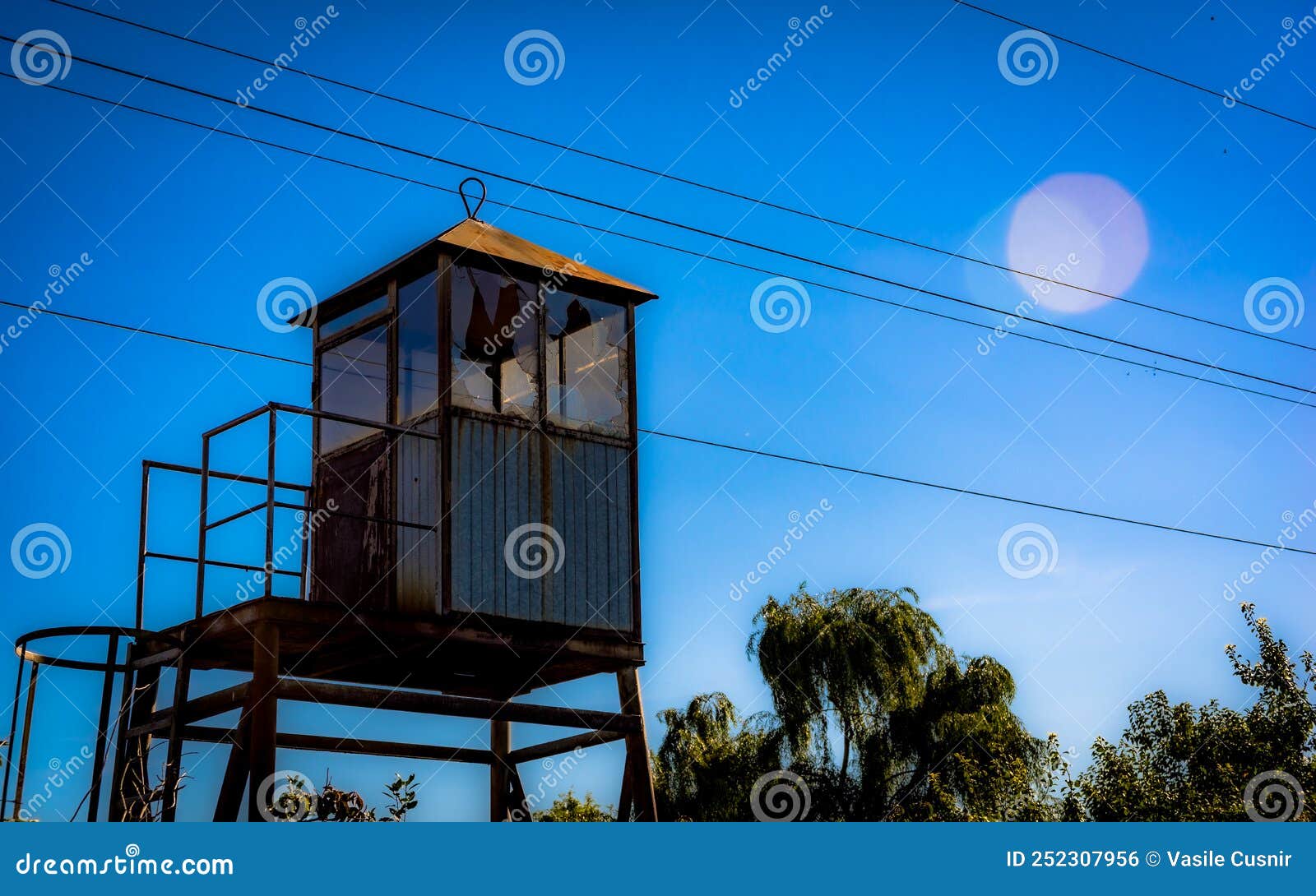 Guarding Tower of a Soviet Plant, on a Blue Sky Background Stock Photo ...