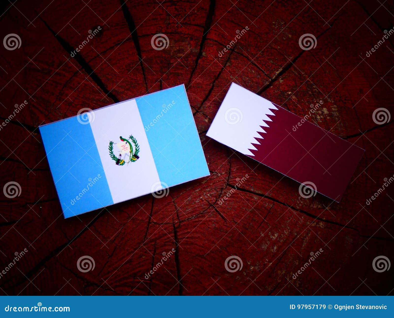 Guatemalan Flag with Qatari Flag on a Tree Stump Isolated Stock Image ...